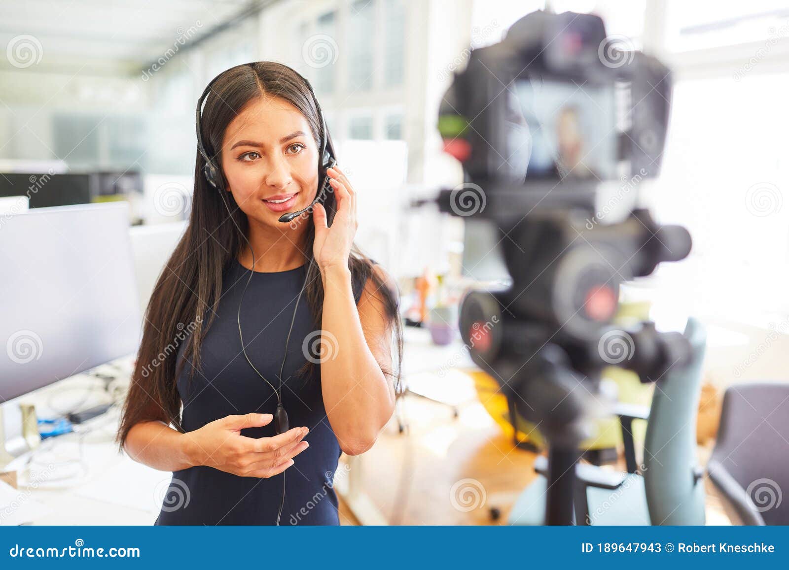 Woman with Headset Recording Video for Workshop Tutorial Stock Image ...