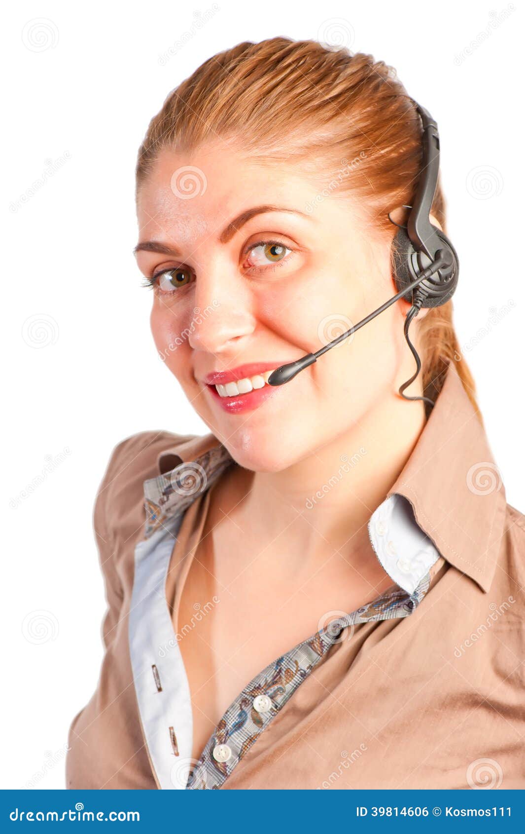 Woman with Headset on White Background Stock Photo - Image of cheerful ...