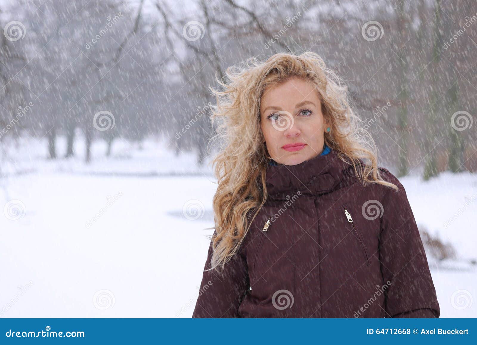 Woman in heavy snowfall stock photo. Image of person - 64712668