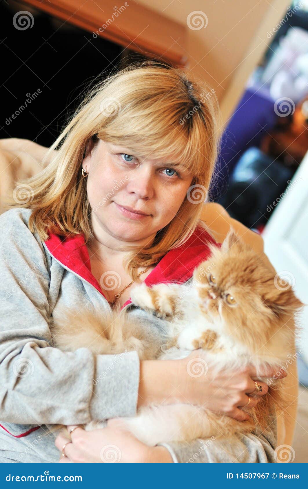 Woman With Her Cat Stock Image Image Of Livingroom Parquet 14507967