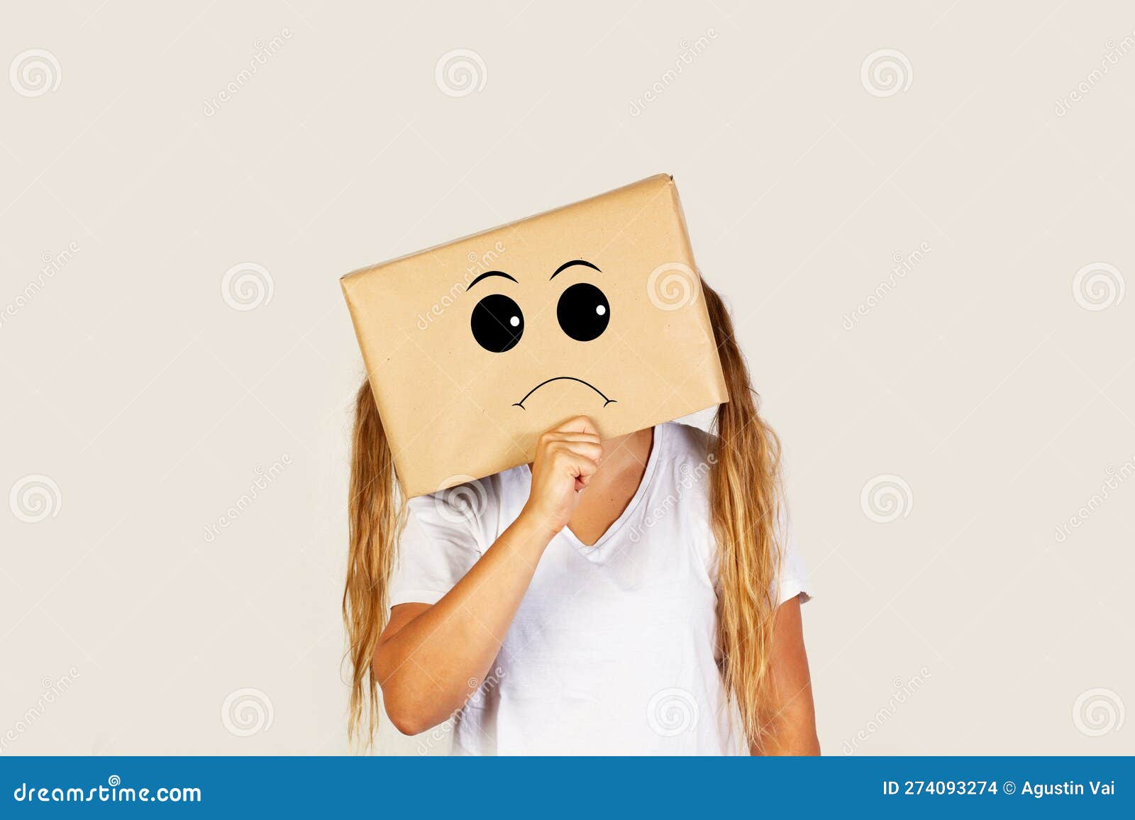 Woman with Her Head in a Box and Concerned Gesture on a White ...