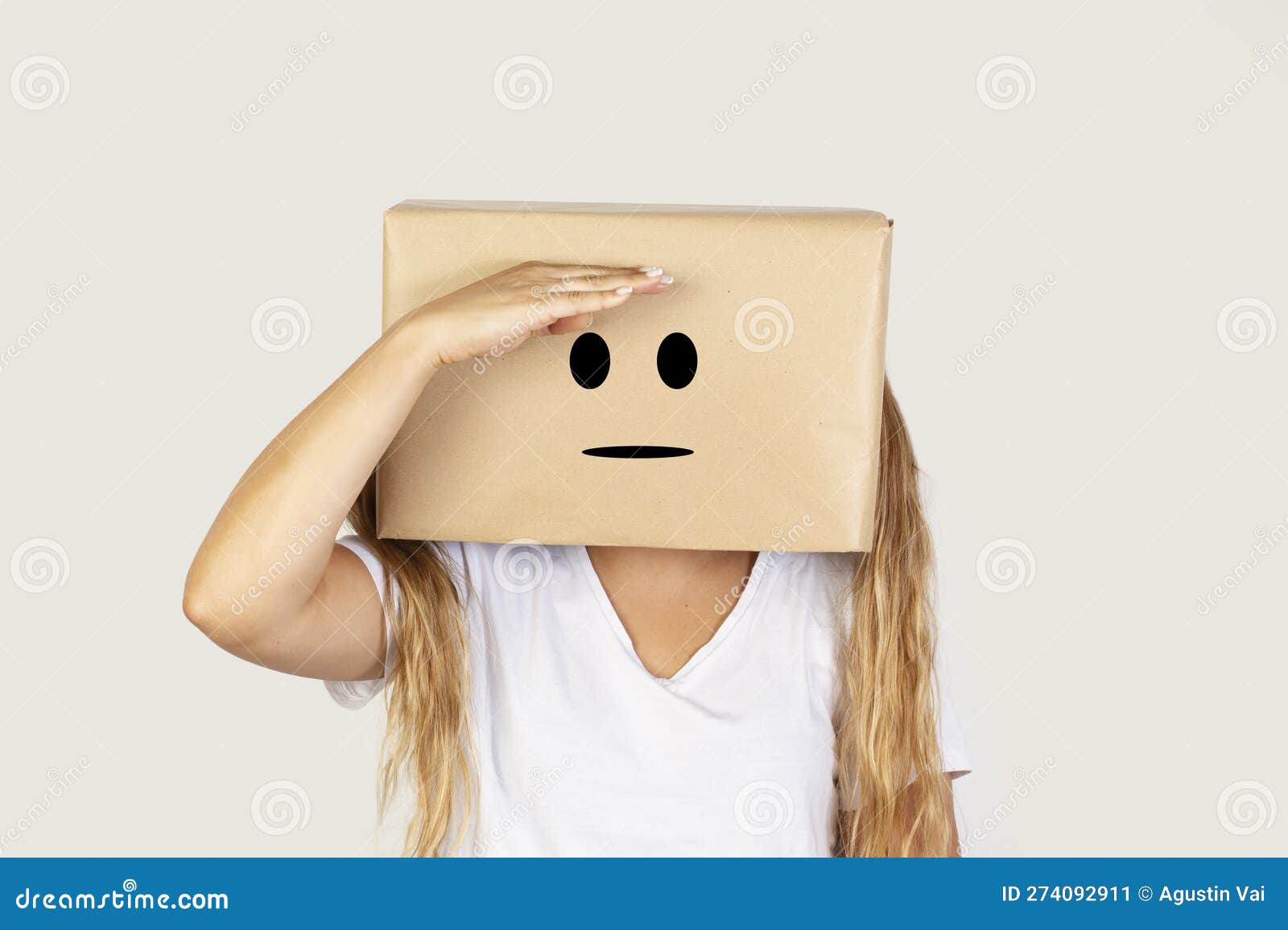 Woman with Her Head in a Box and Searching Gesture Standing on a White ...