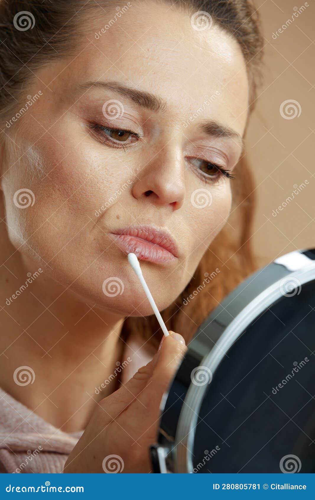Woman Applying Ointment Using Cotton Swab Isolated On Beige Stock Image Image Of Herpes Lady