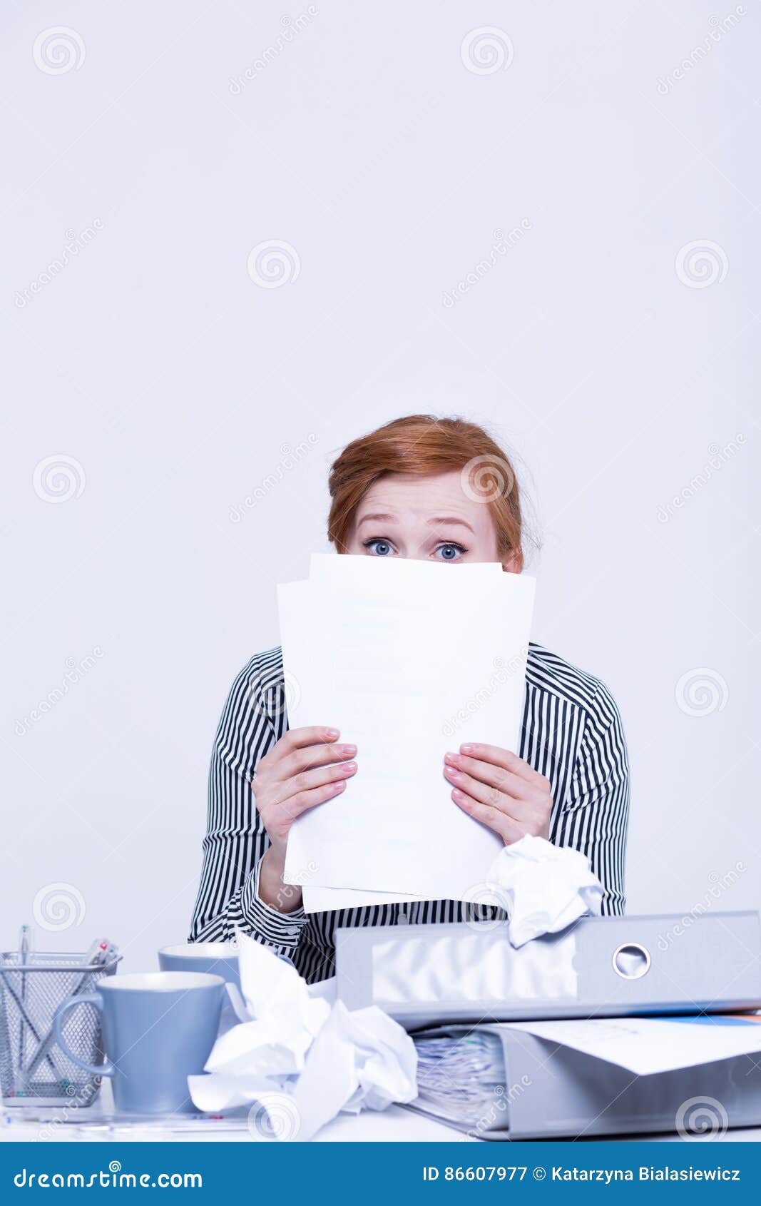 Woman Hides Behind the Papers Stock Image - Image of space, emotion ...