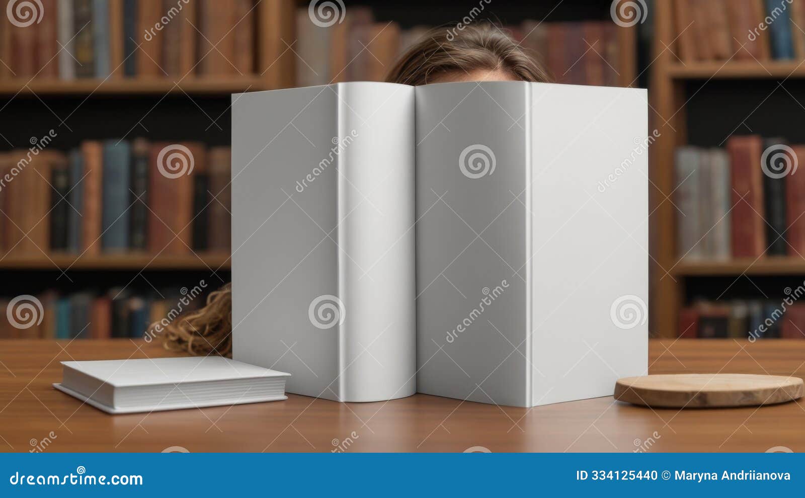 Woman Hiding Behind Book Mockup in Library Setting Stock Photo - Image ...