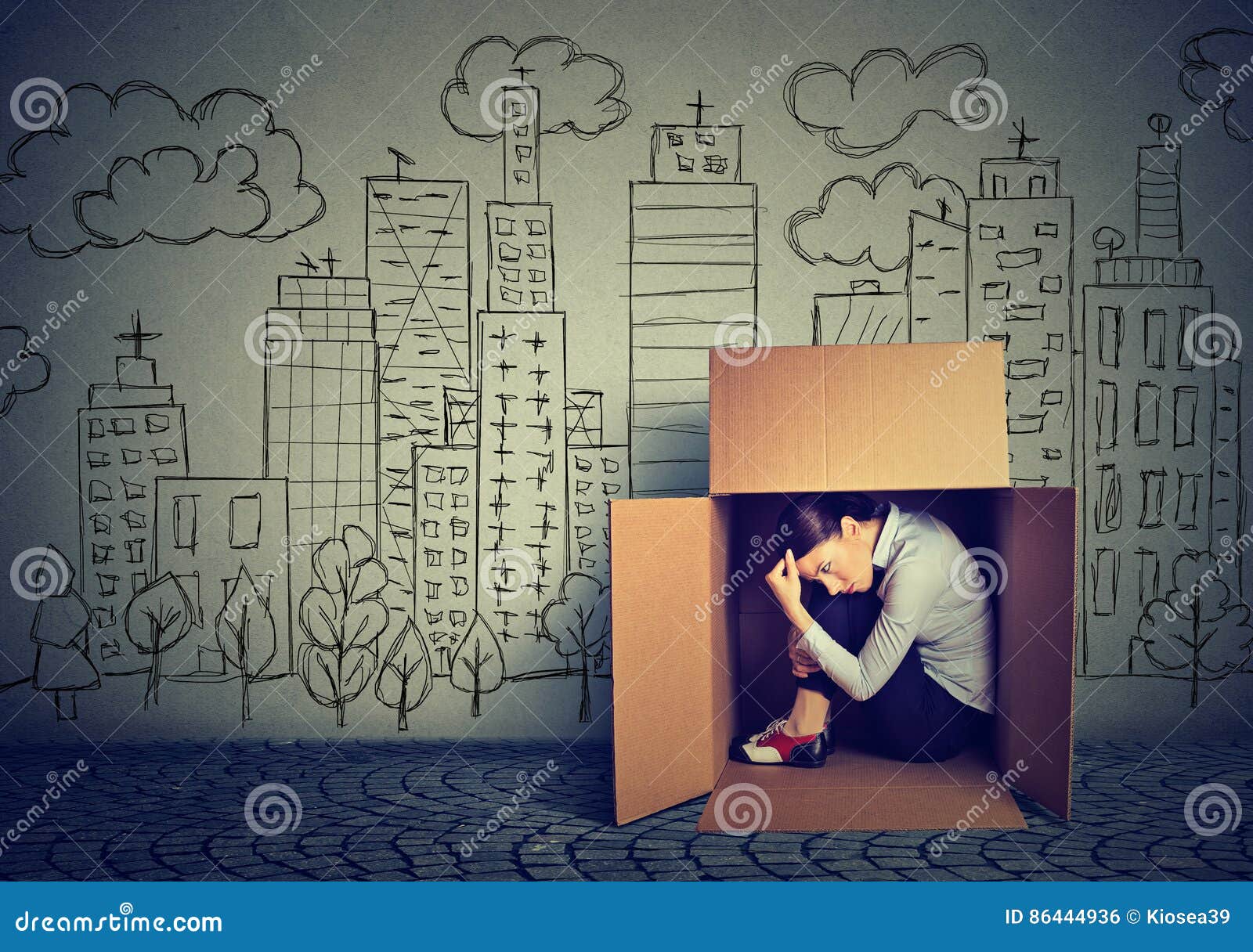 Woman Hiding in the Box on Skyscraper City Background Stock Photo ...