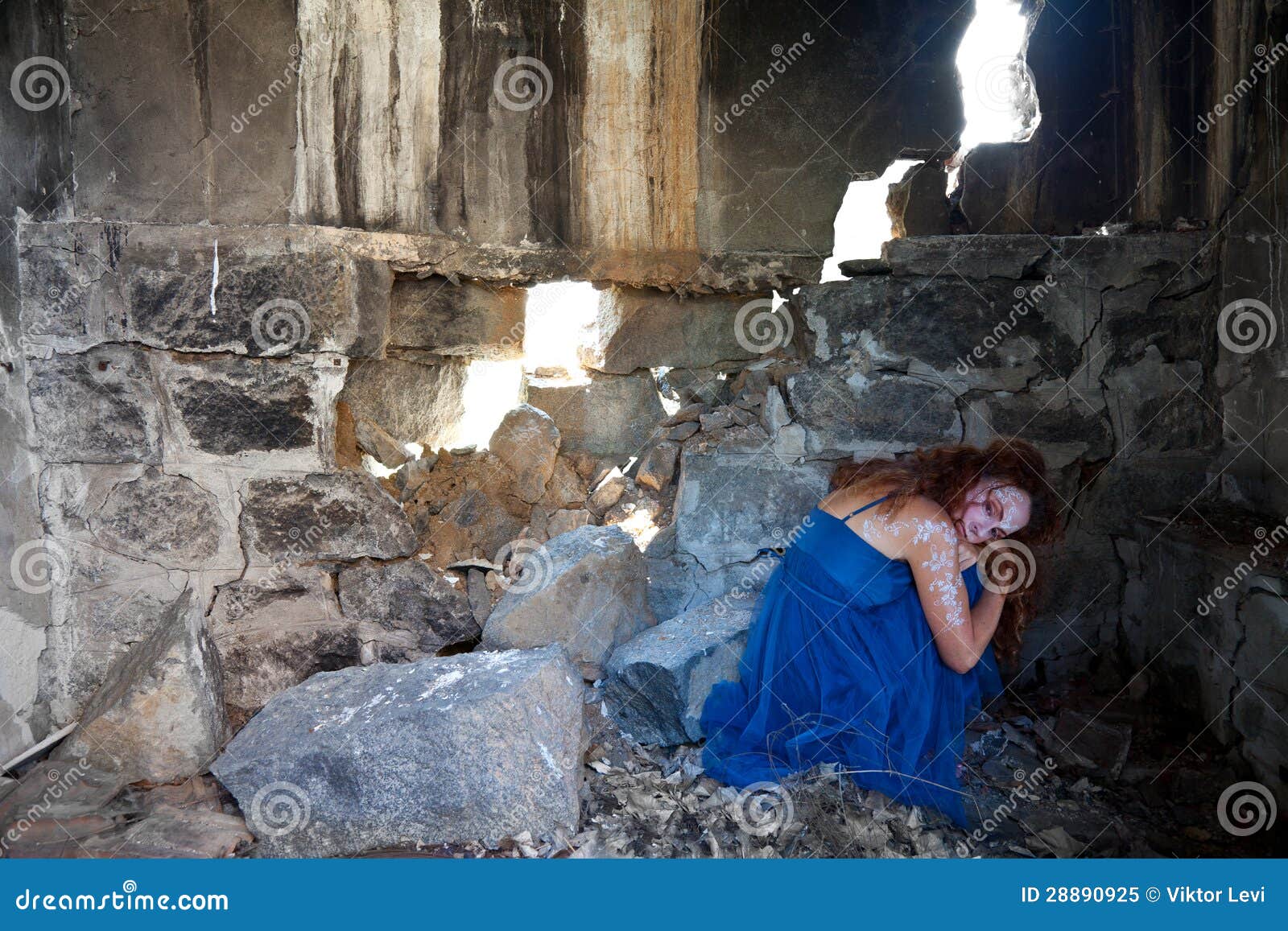 Woman Hiding Ruined Building Stock Image - Image of blue, runaway: 28890925