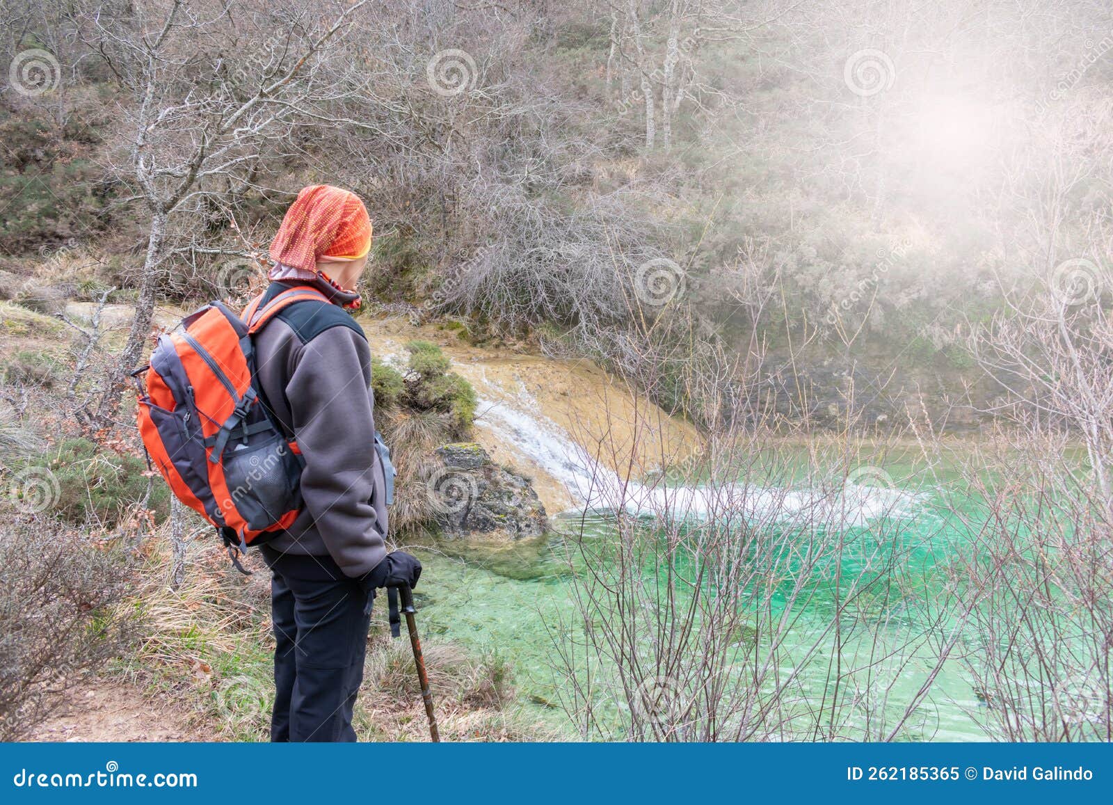 Woman Hiker with Backpack by Mountain Lake Stock Image - Image of rear ...