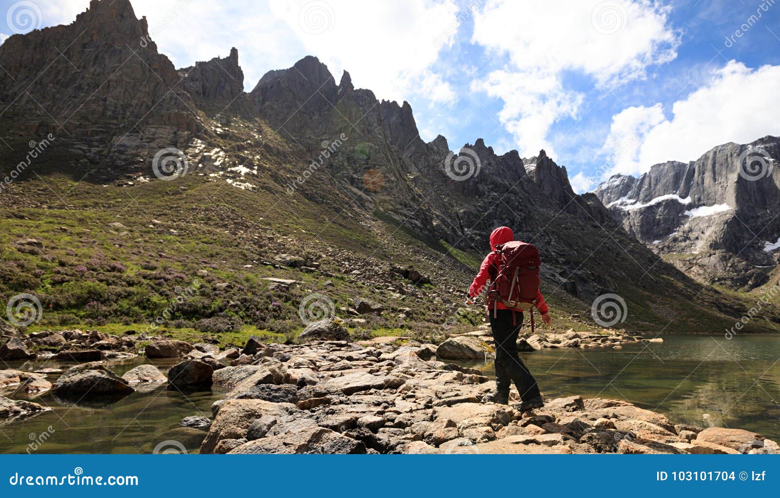 Hiker with Backpack Walking on High Altitude Mountains Stock Photo ...