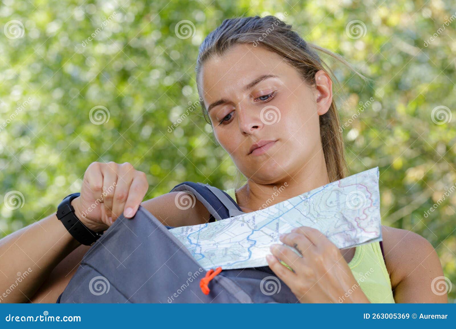 Woman Hiker Keeping Map in Bag Stock Image - Image of hiker, friend ...