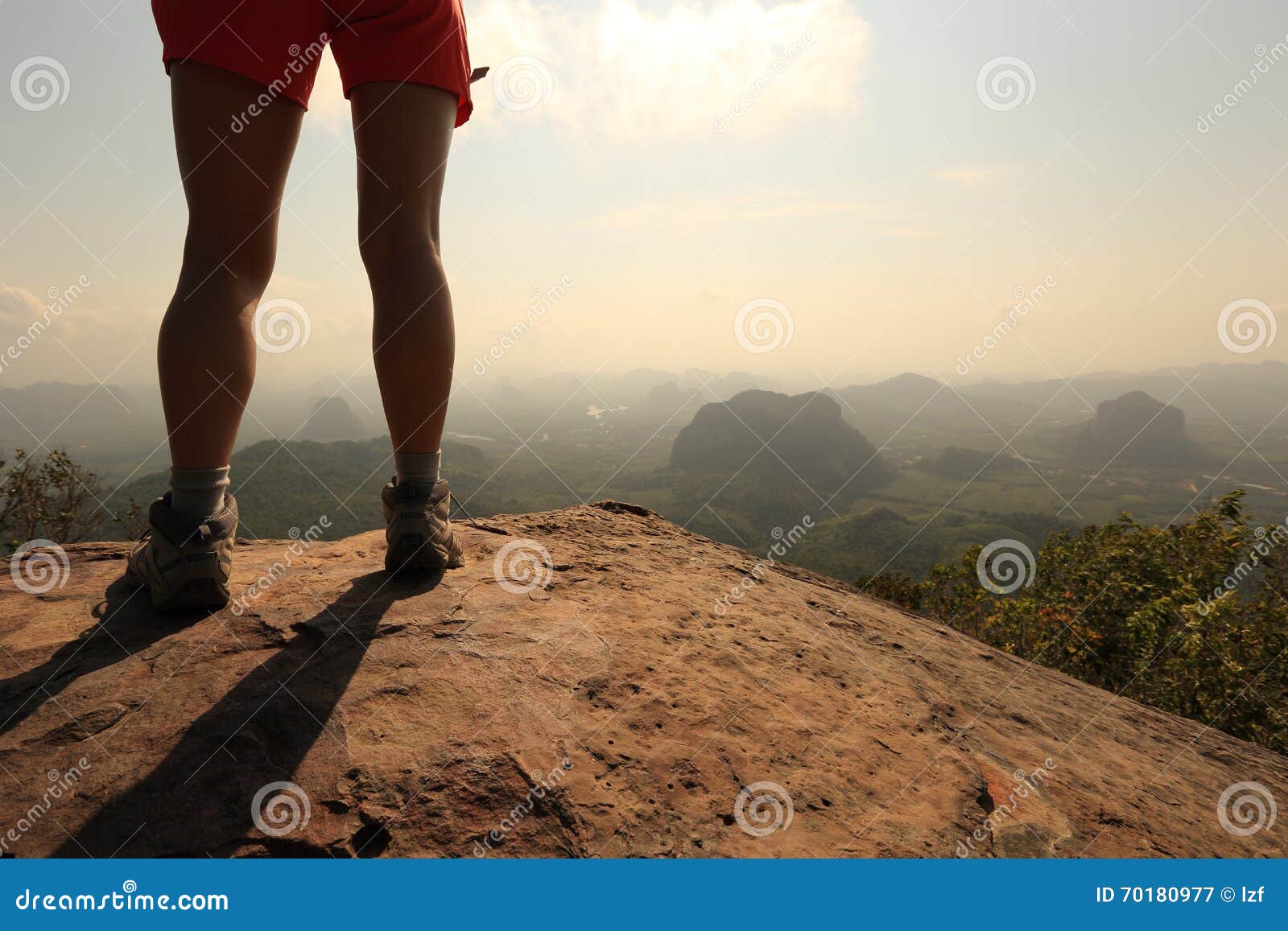 Woman Hiker Legs on Mountain Peak Rock Stock Image - Image of person ...
