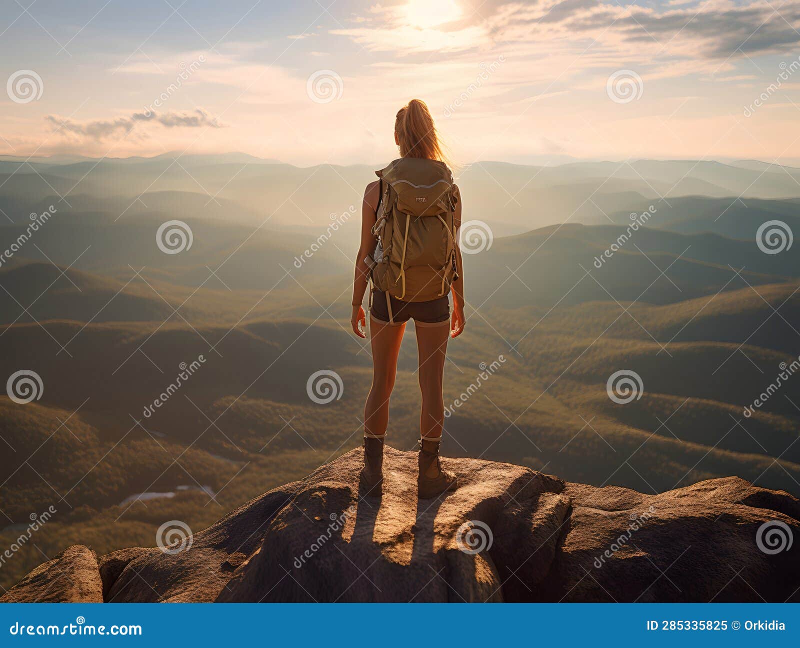 A Woman Hiker Seen from Back, on a Top of a Mountain Stock Illustration ...