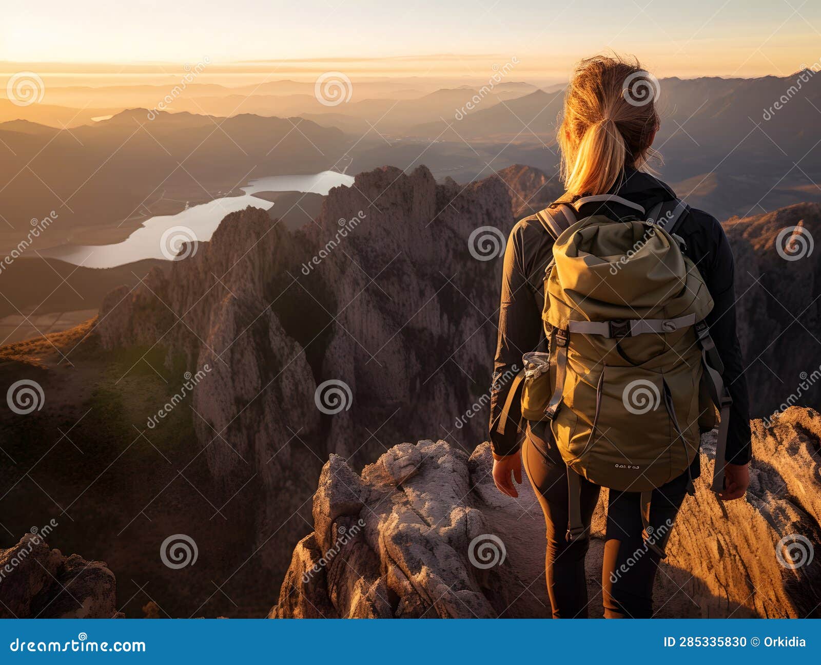 A Woman Hiker Seen from Back, on a Top of a Mountain Stock Illustration ...