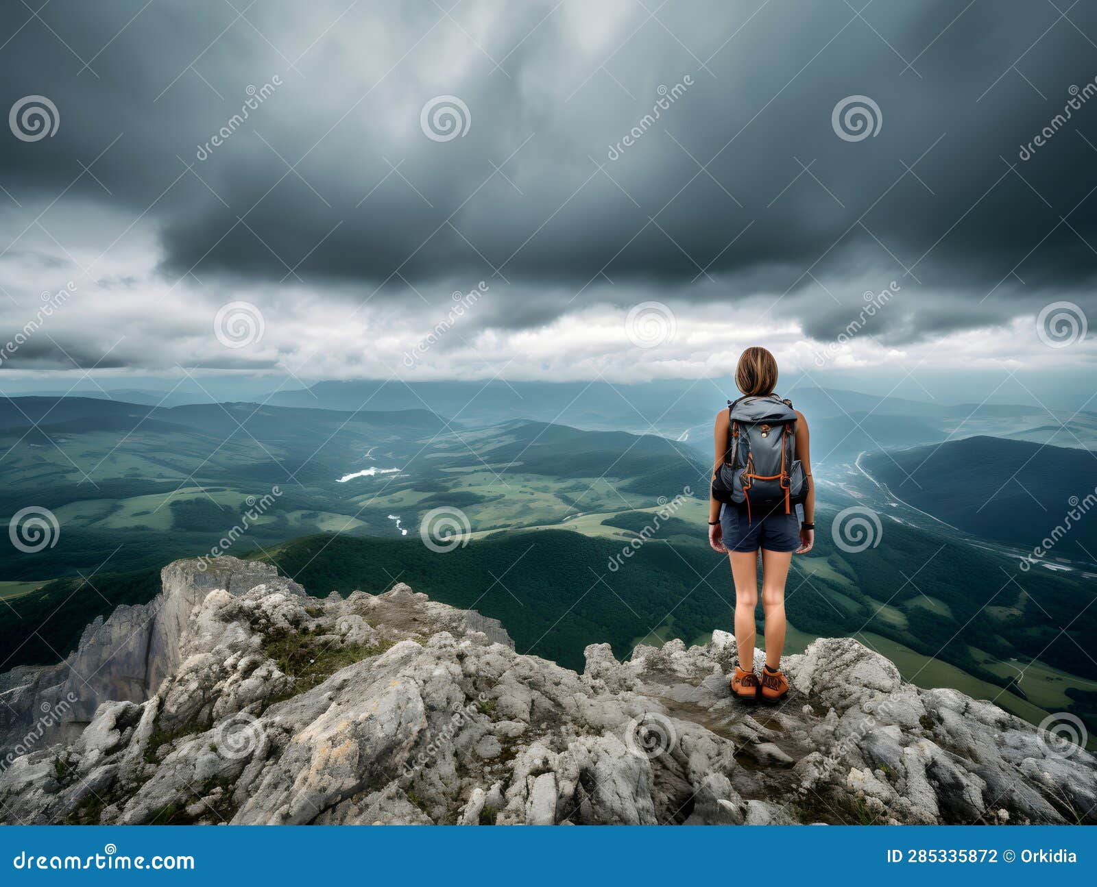 A Woman Hiker Seen from Back, on a Top of a Mountain Stock Illustration ...