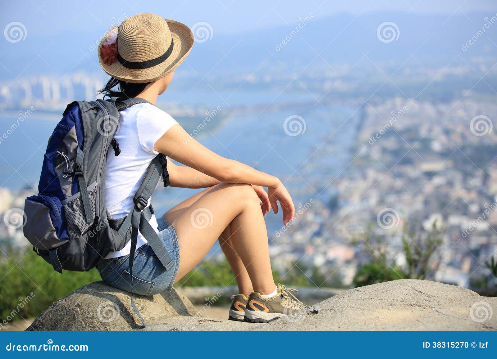 Woman Hiker Sit Mountain Peak Stock Photo - Image of girl, mountain ...