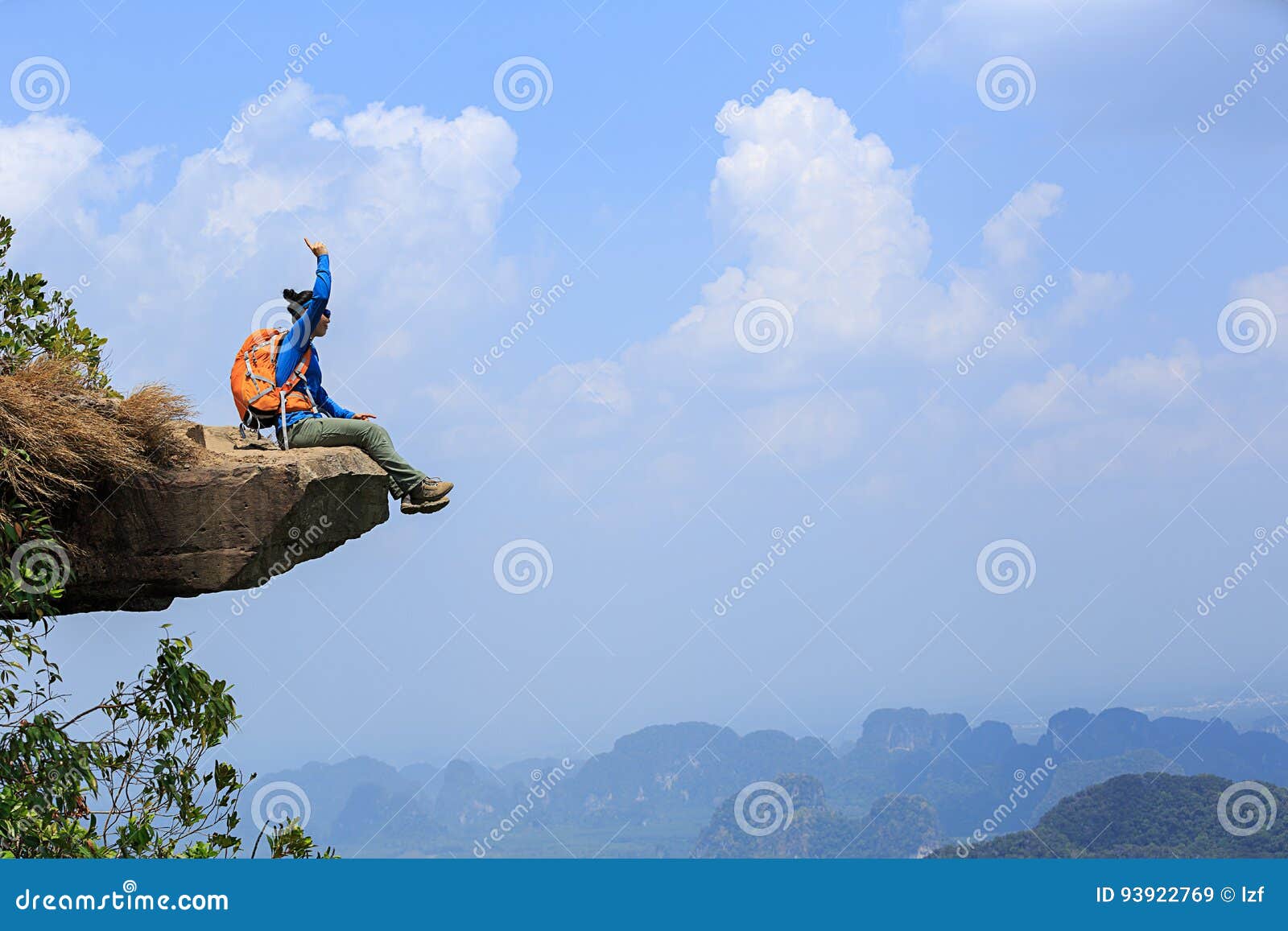 Woman Hiker Thinking on Mountain Peak Cliff Stock Image - Image of ...