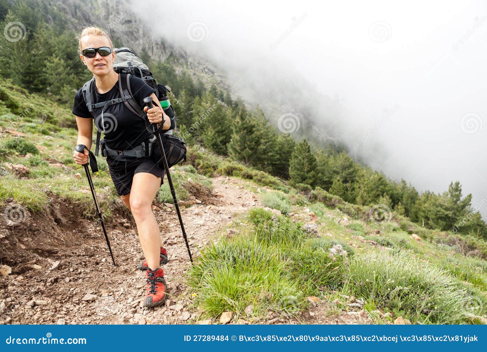 Woman Hiking with Backpack in Mountains Stock Photo - Image of ...