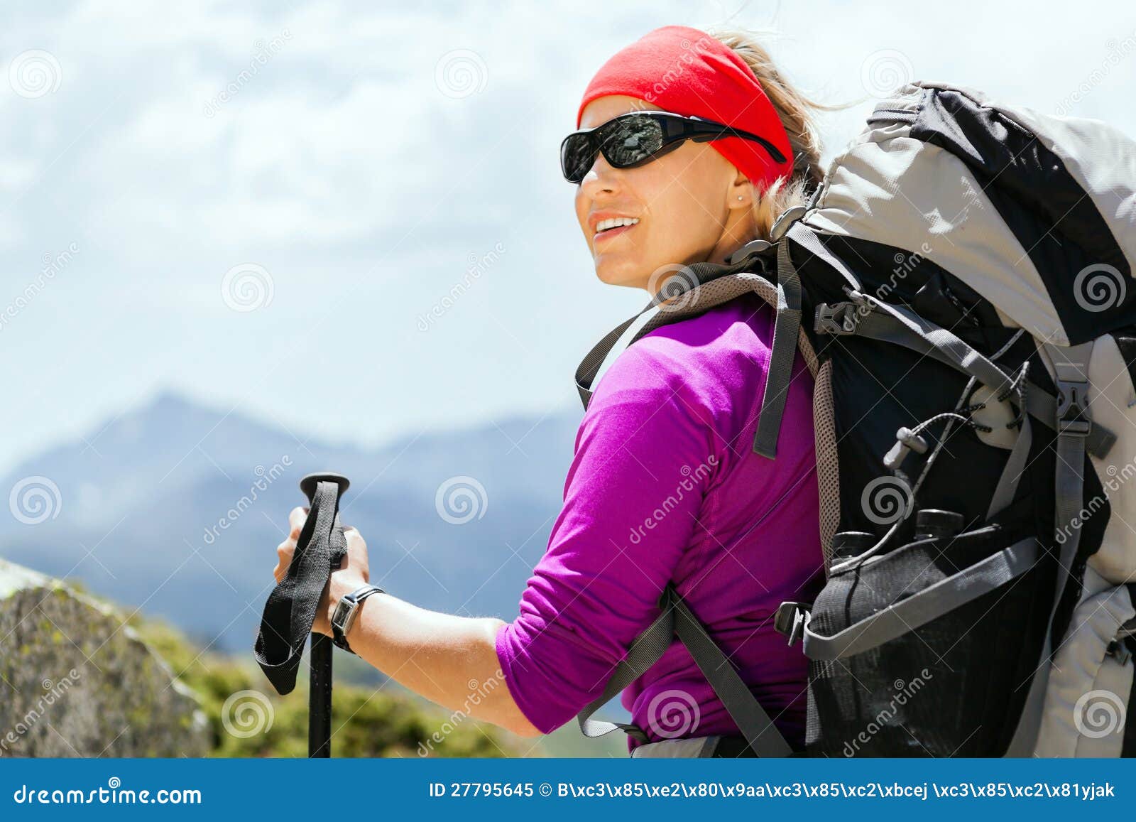 Woman Hiking with Backpack in Mountains Stock Image - Image of climbing ...