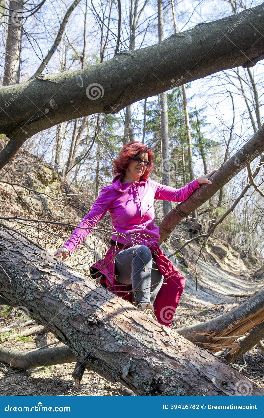 Woman Hiking Over a Fallen Tree Trunks Stock Photo - Image of brunette ...