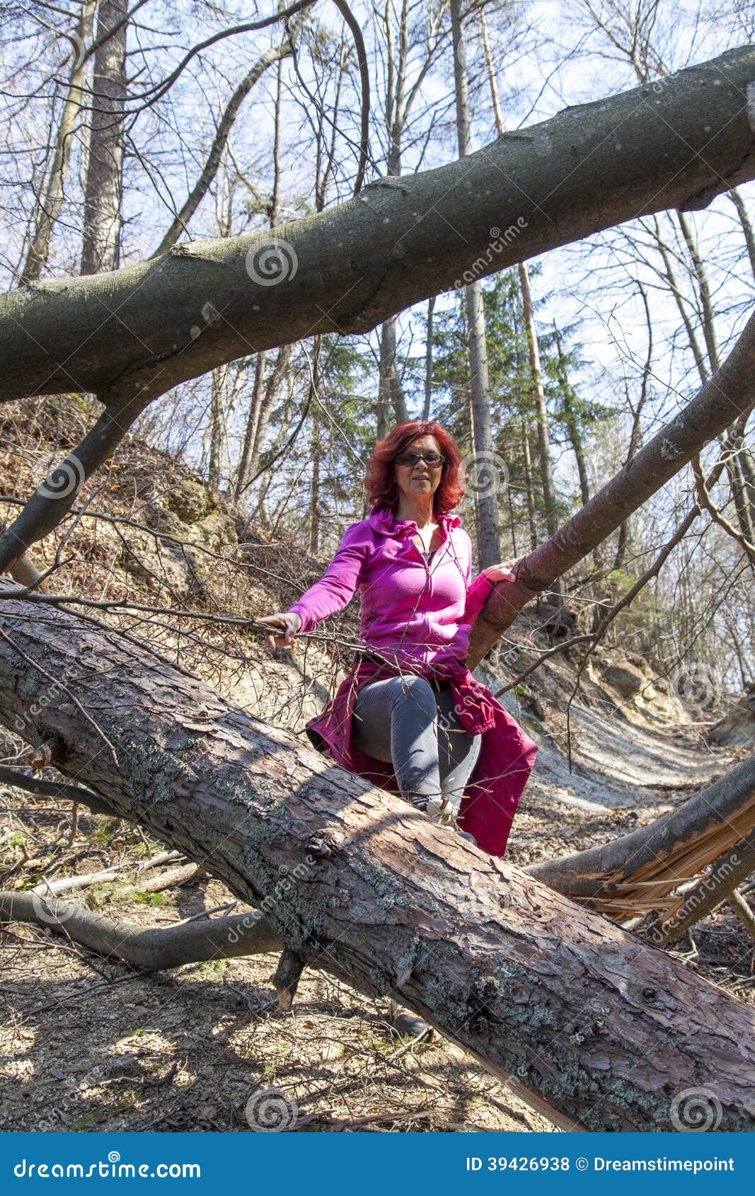 Woman Hiking Over a Fallen Tree Trunks Stock Photo - Image of brunette ...