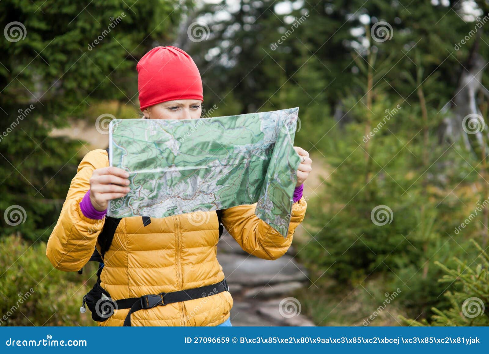 Woman Hiking and Reading Map Stock Image - Image of achievement ...