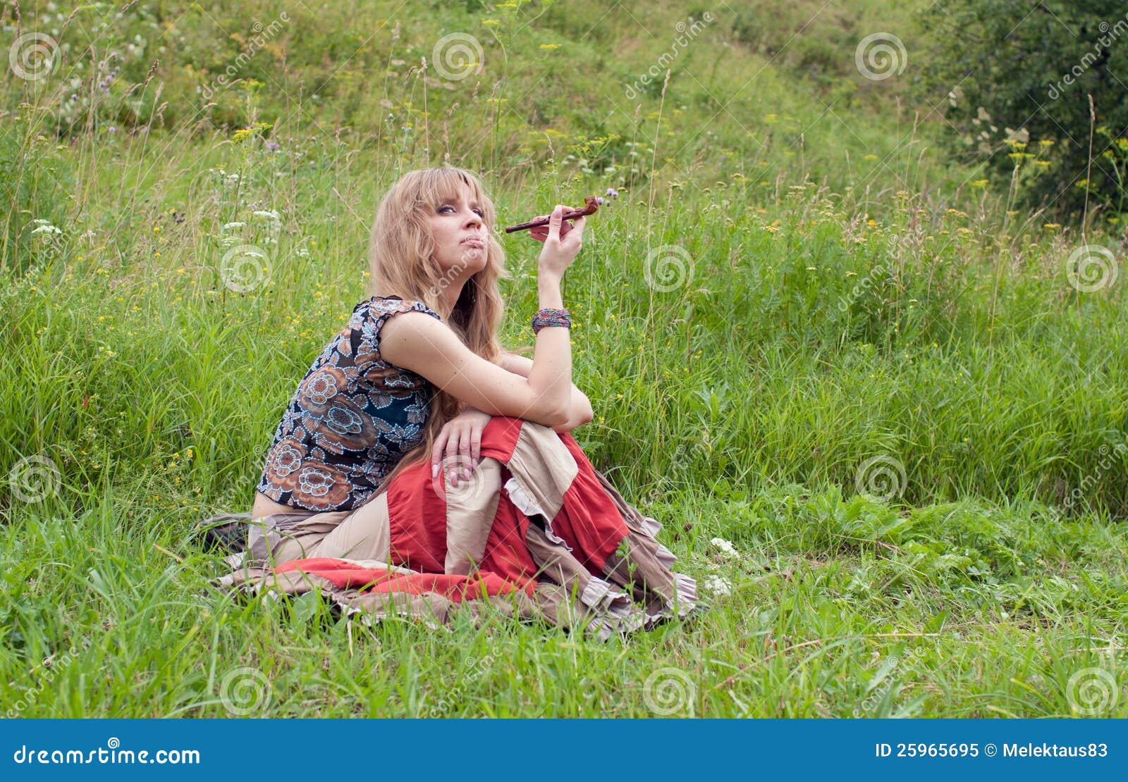 The Woman of Hippie Smokes a Pipe Stock Image - Image of dress, woman ...