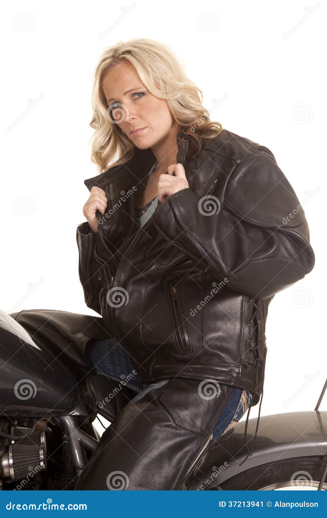 Woman Hold Leather Jacket Open Sit Motorcycle Stock Image - Image of ...