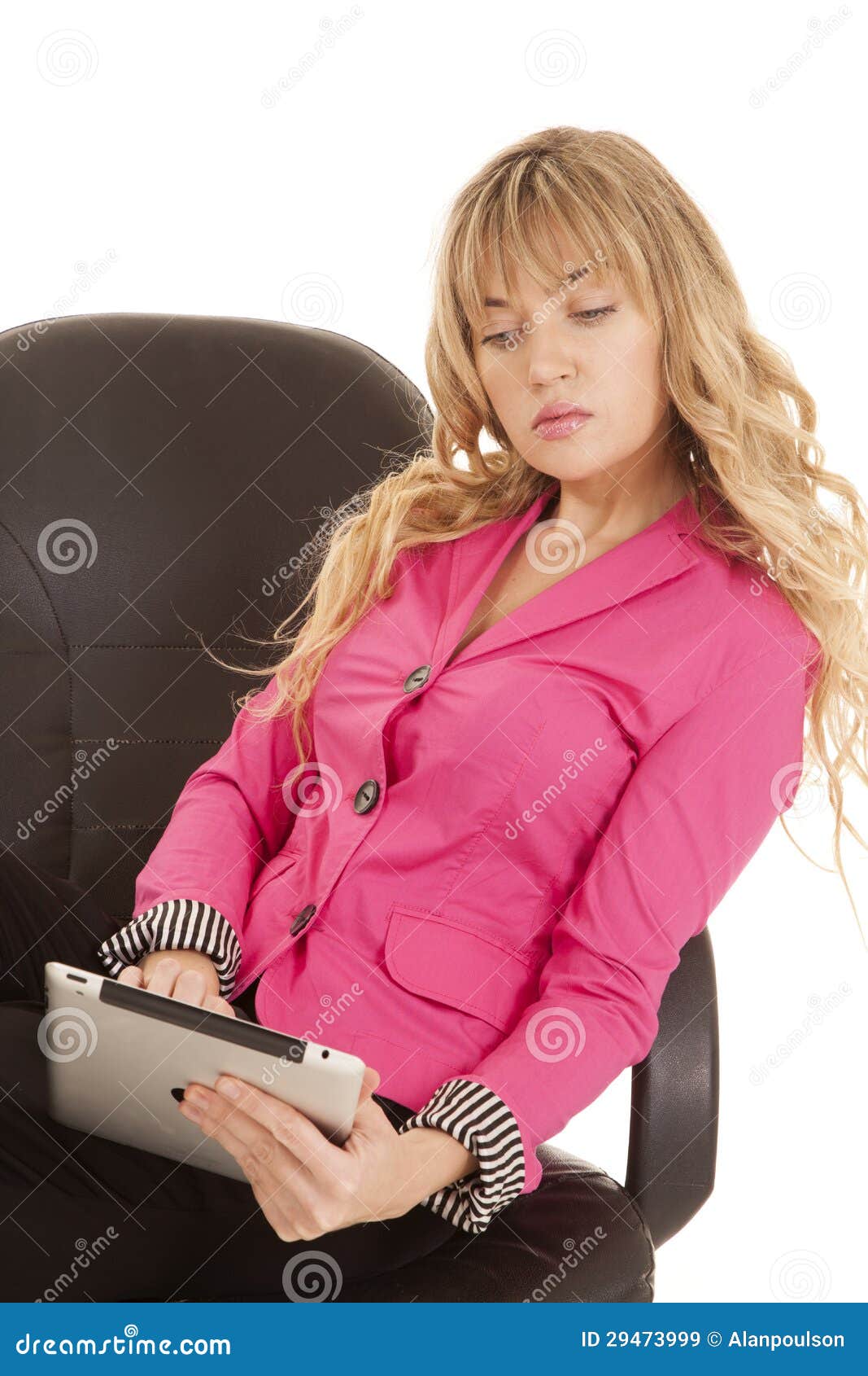 Woman Hold Tablet Serious Pink Stock Image - Image of isolated, elegant ...