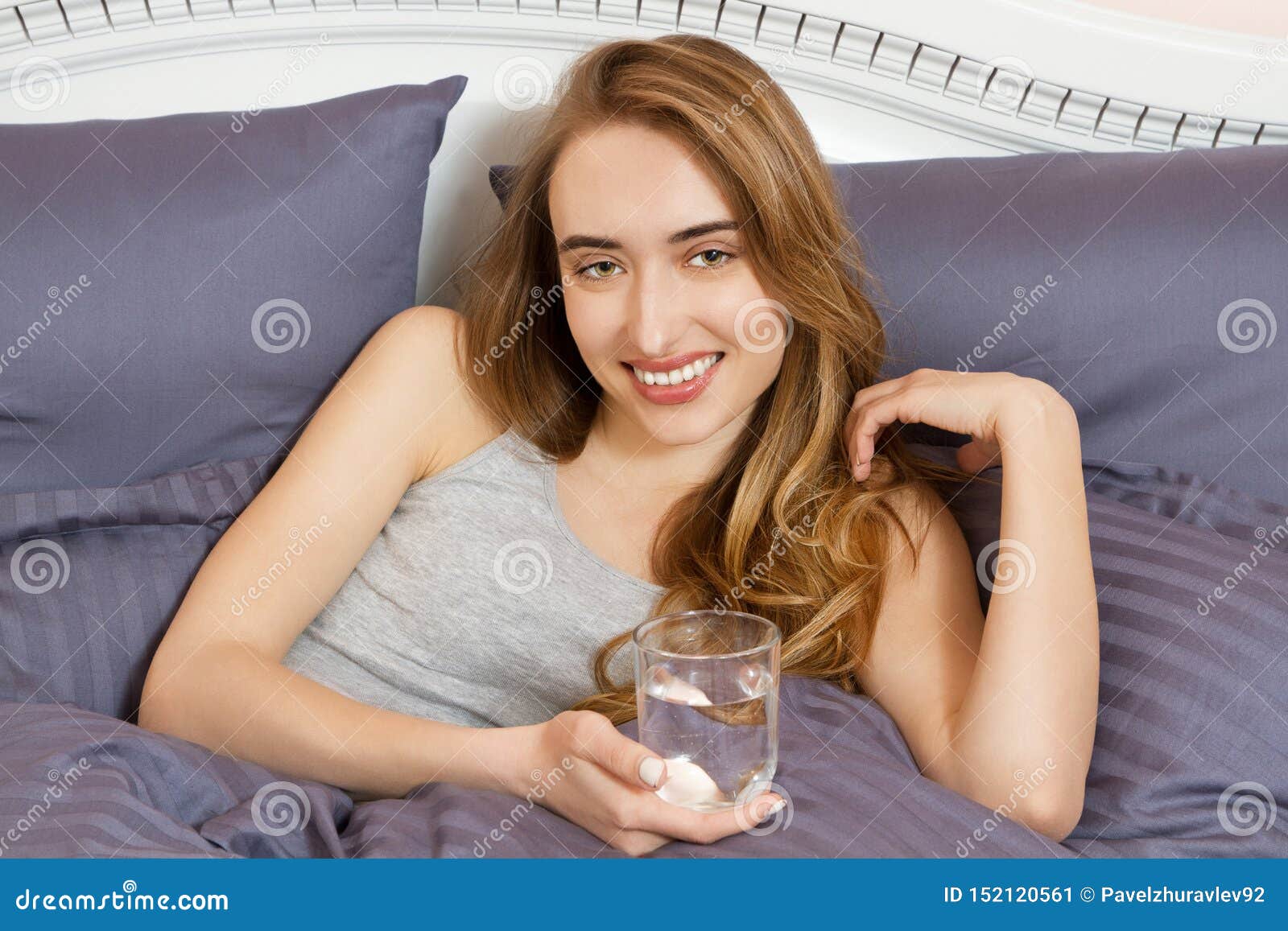 Woman Hold Water Glass Lying In Bed Girl Feel Hangover Close Up