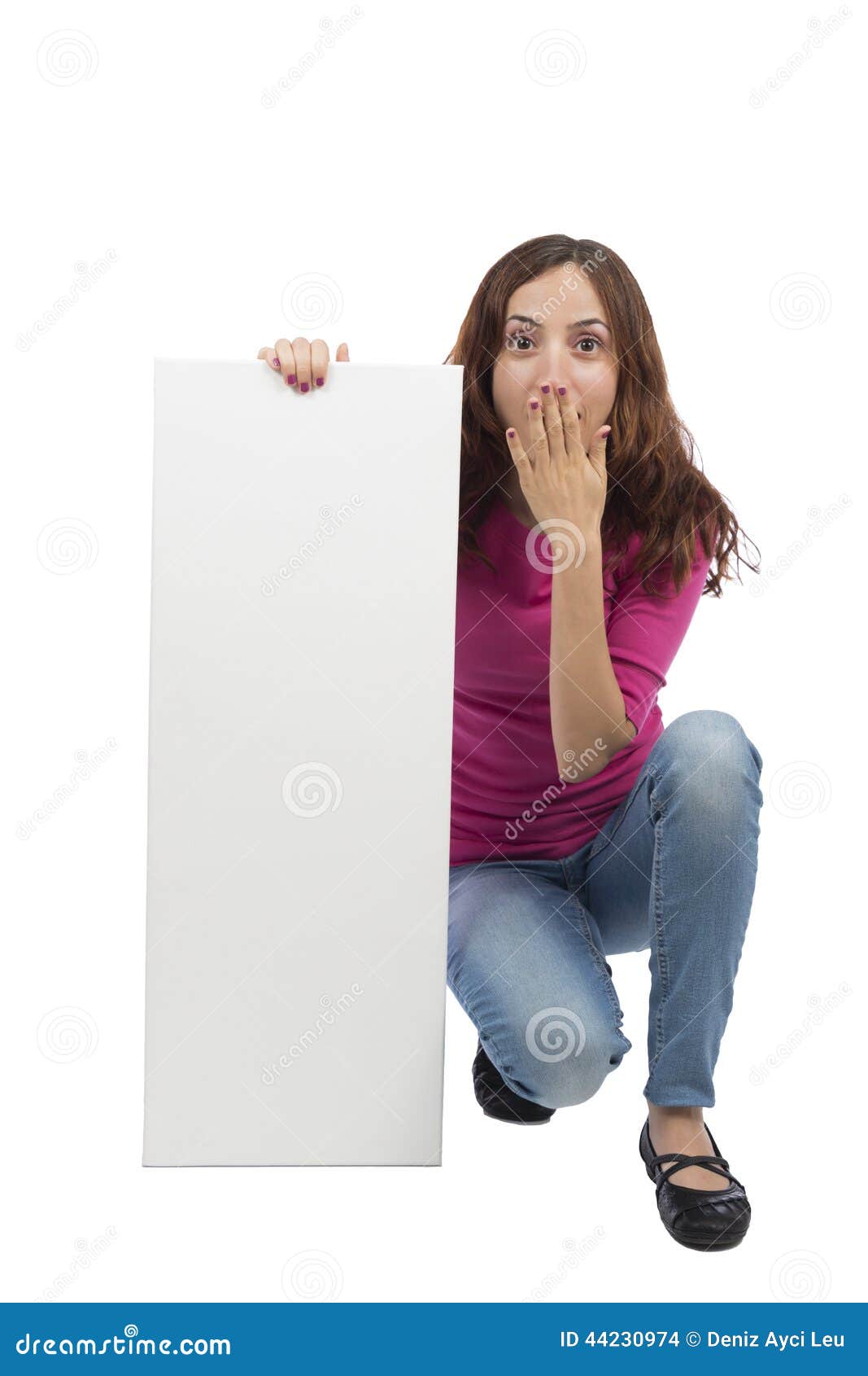 Woman Holding an Advertisement Banner with a Shocked Expression Stock ...