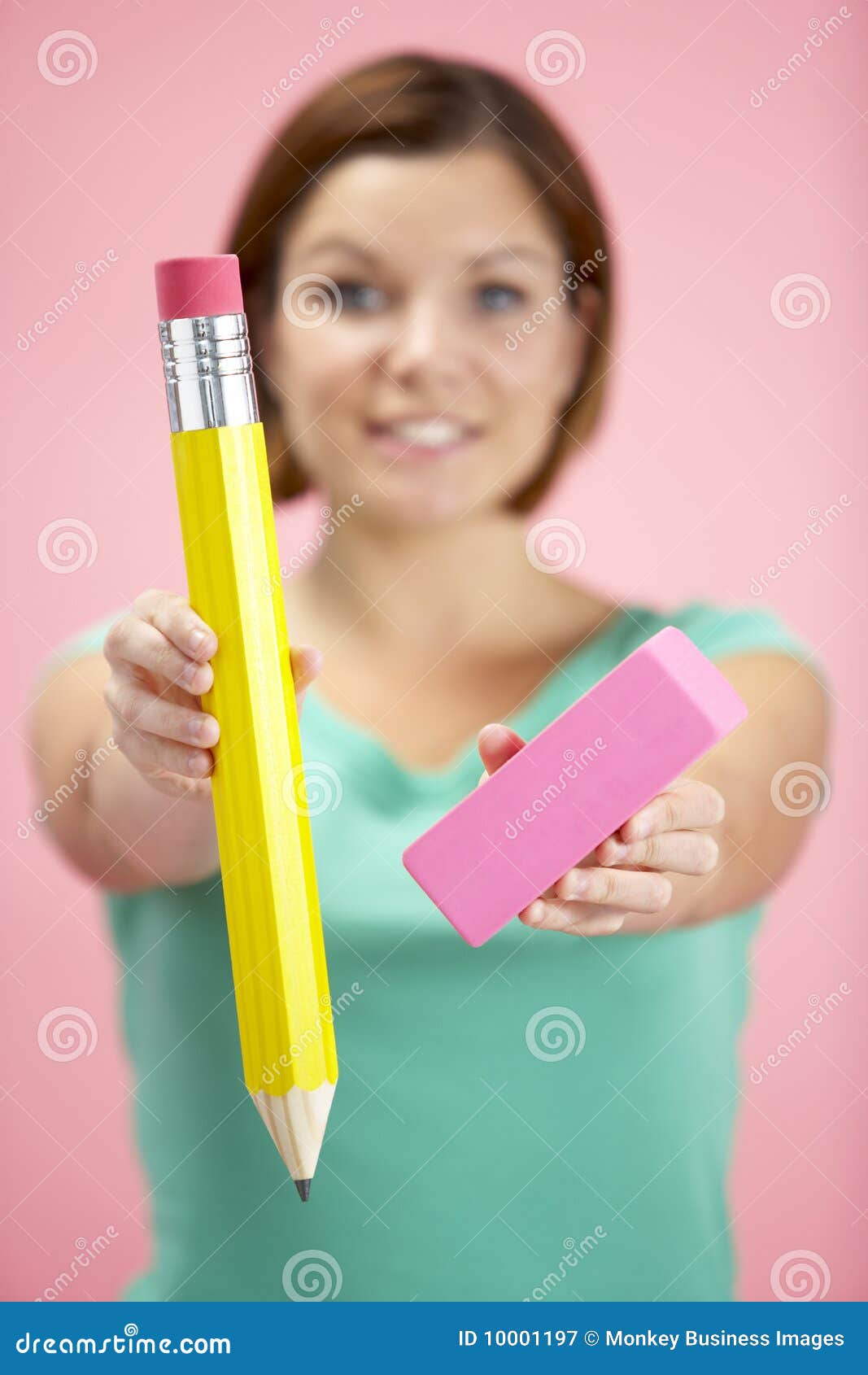 Woman Holding Big Pencil and Eraser Stock Image - Image of vertical ...