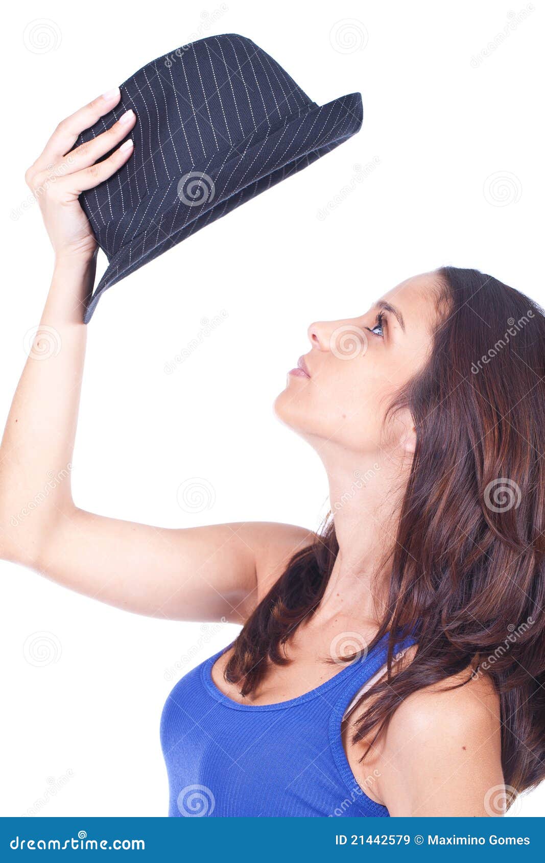 Woman Holding a Black Hat Over Her Head Stock Image - Image of ...