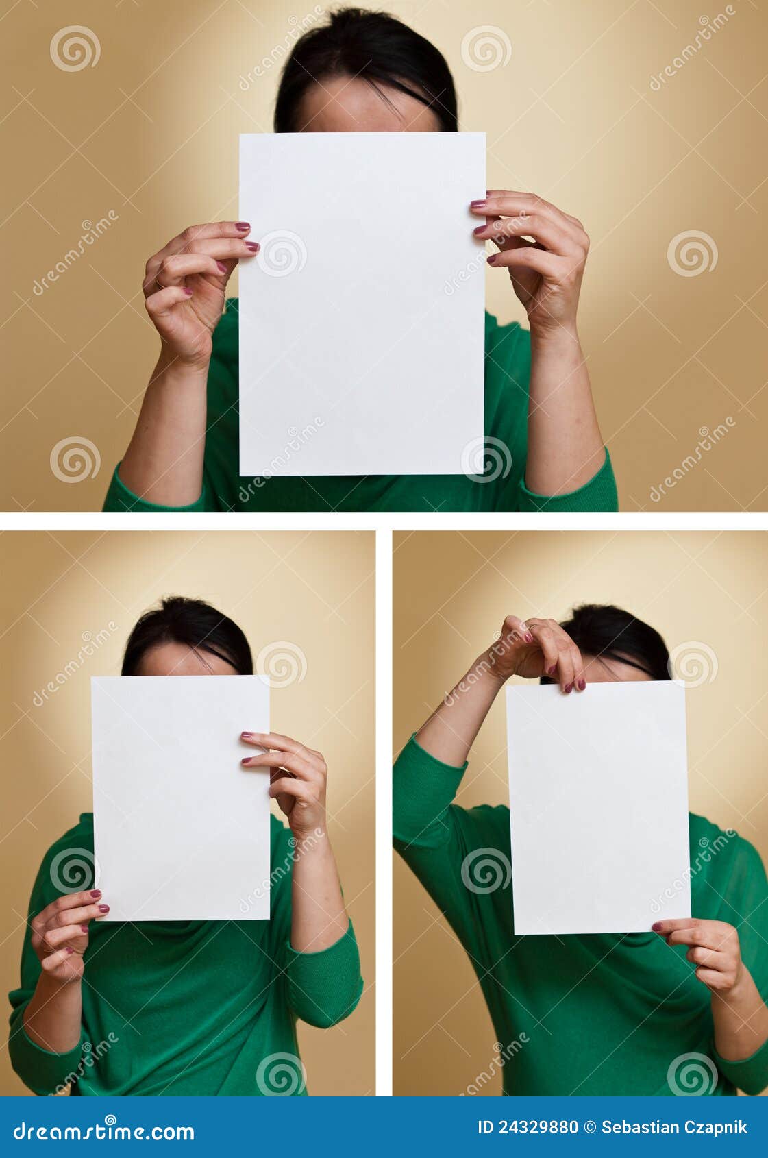 Woman holding blank paper stock photo. Image of positions - 24329880