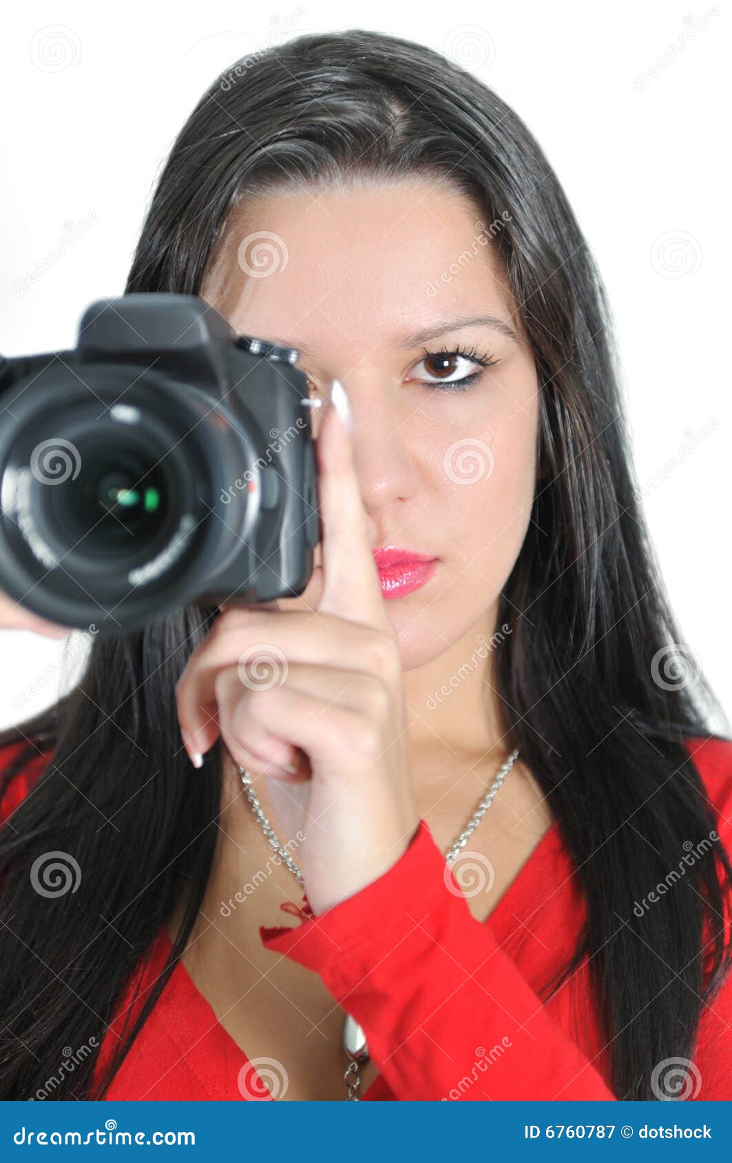 Woman Holding Camera in Hand T Stock Image - Image of sale, dslr: 6760787
