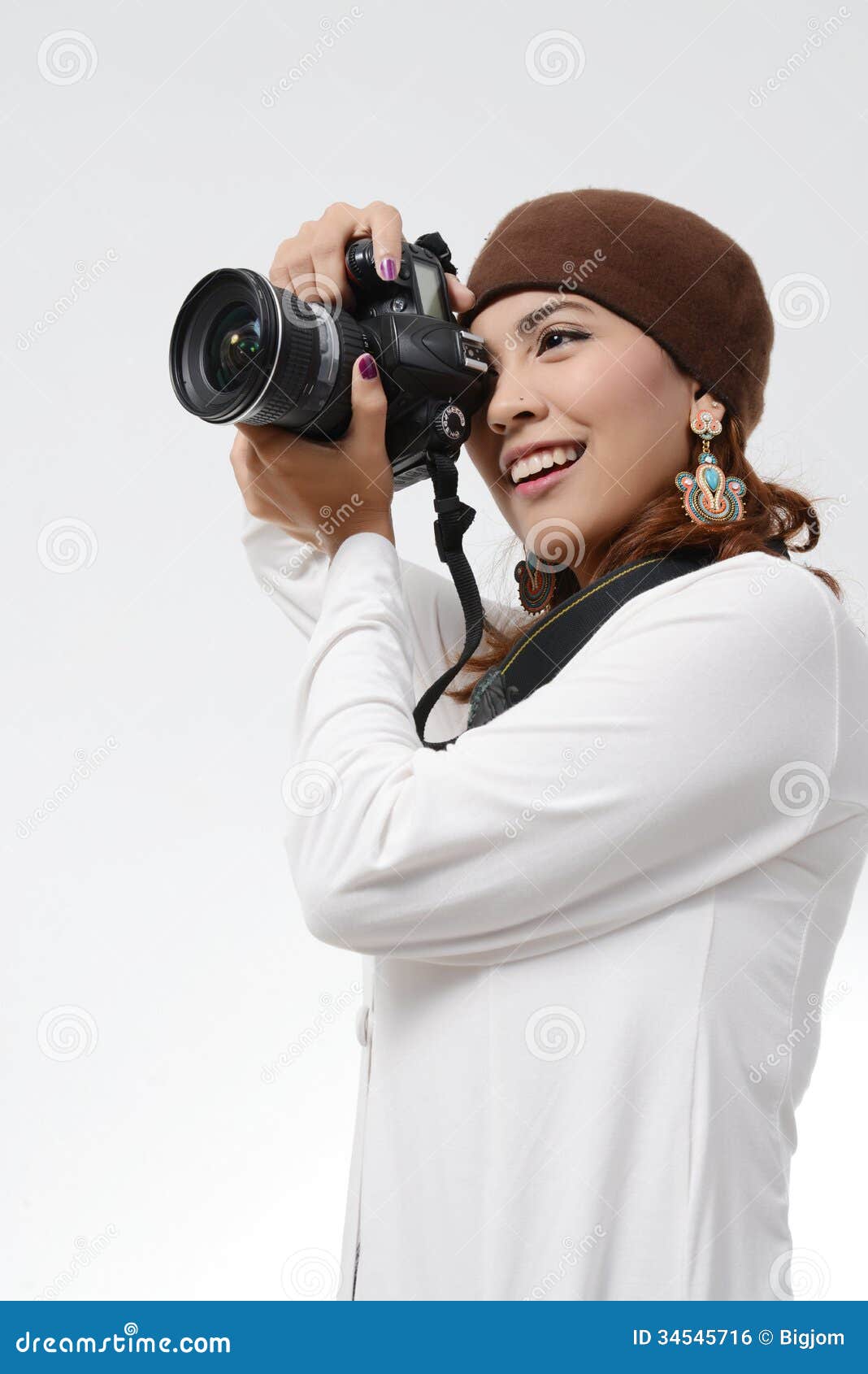 Woman holding camera stock photo. Image of summer, shot - 34545716