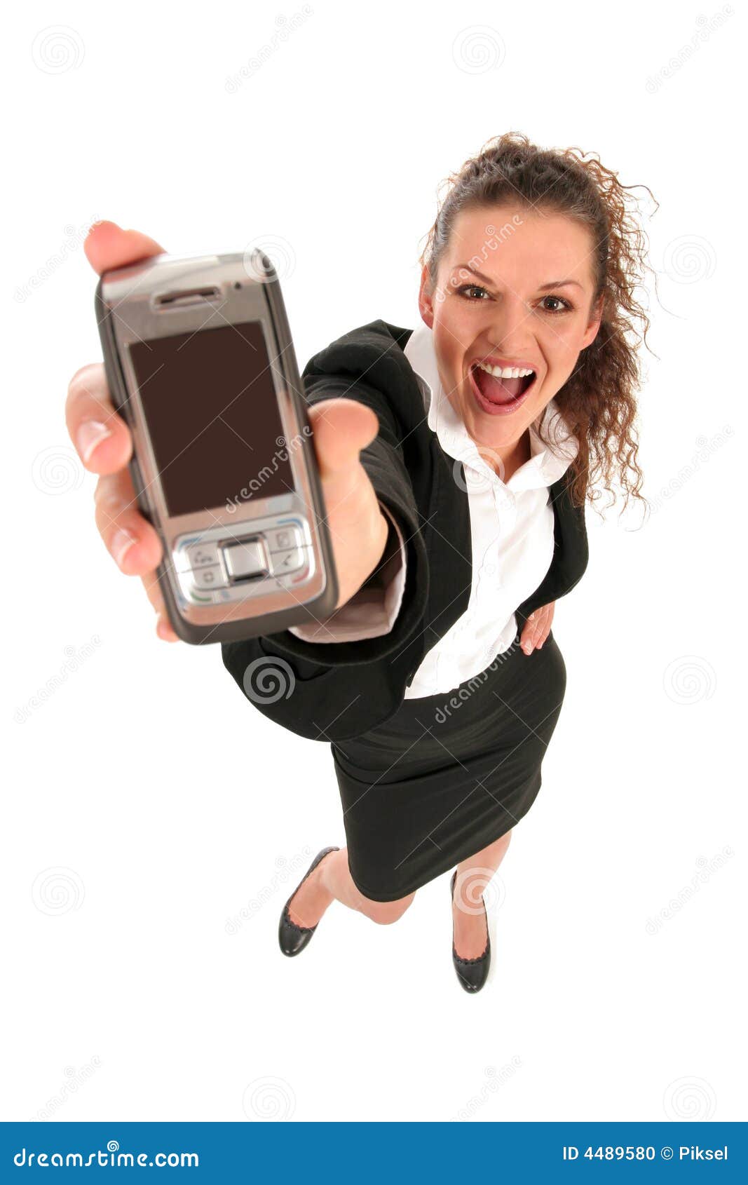 Woman holding cell phone stock photo. Image of elevated - 4489580