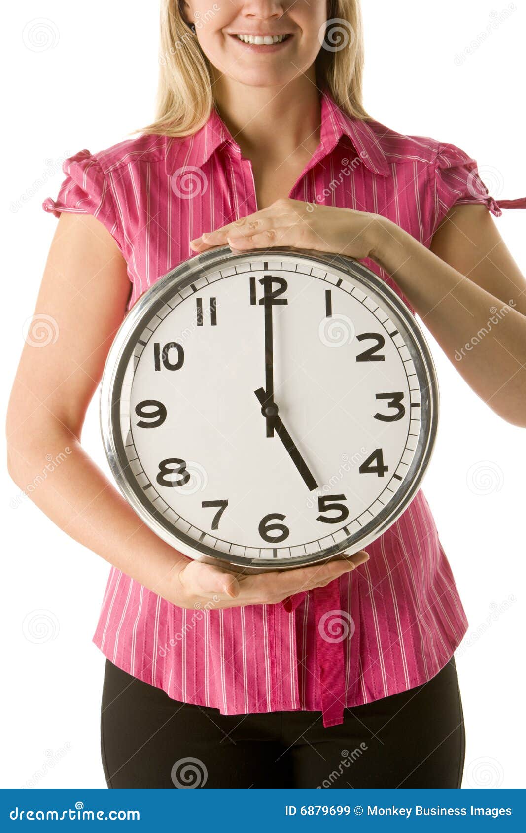 Woman Holding Clock stock image. Image of cheerful, studio - 6879699