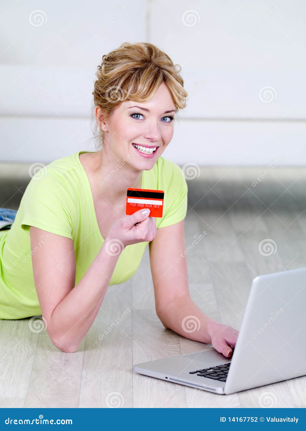 Woman Holding Credit Card and Using Laptop Stock Photo - Image of ...