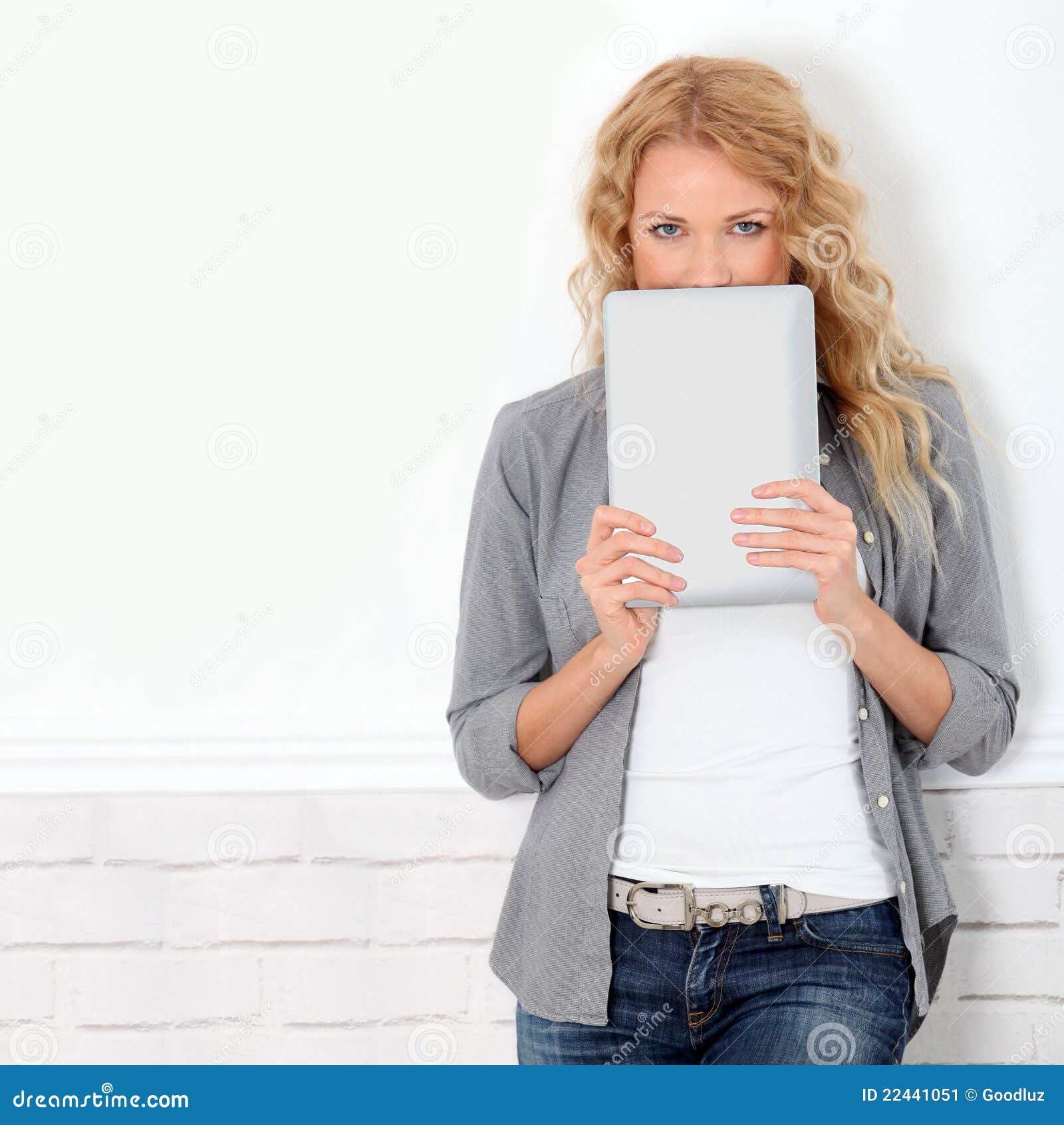 Woman Holding Digital Tablet Stock Image - Image of expression, leaning ...