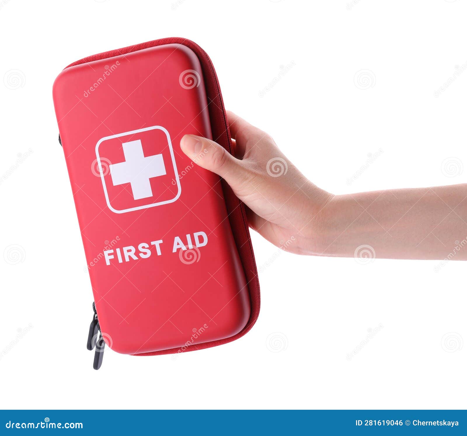 Woman Holding First Aid Kit on White, Closeup Stock Photo - Image of ...