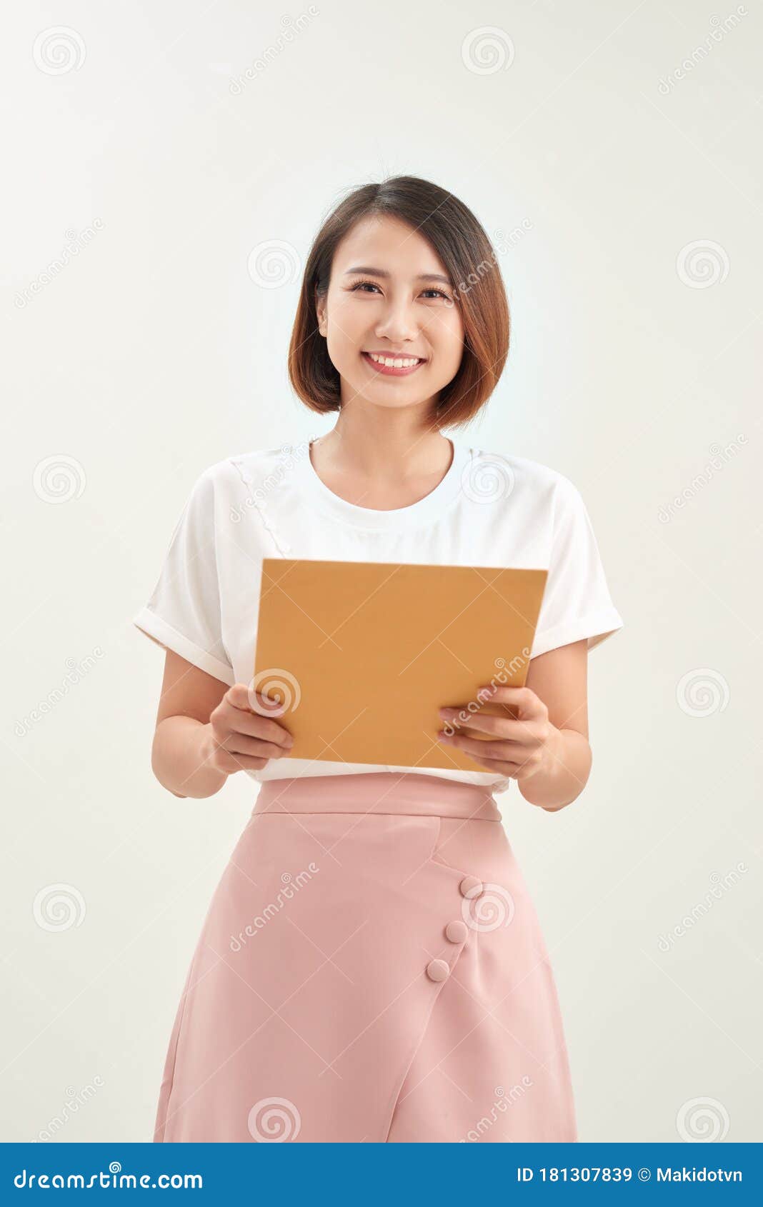 A Woman is Holding and Giving a Big Brown Envelope with Blank Space on ...