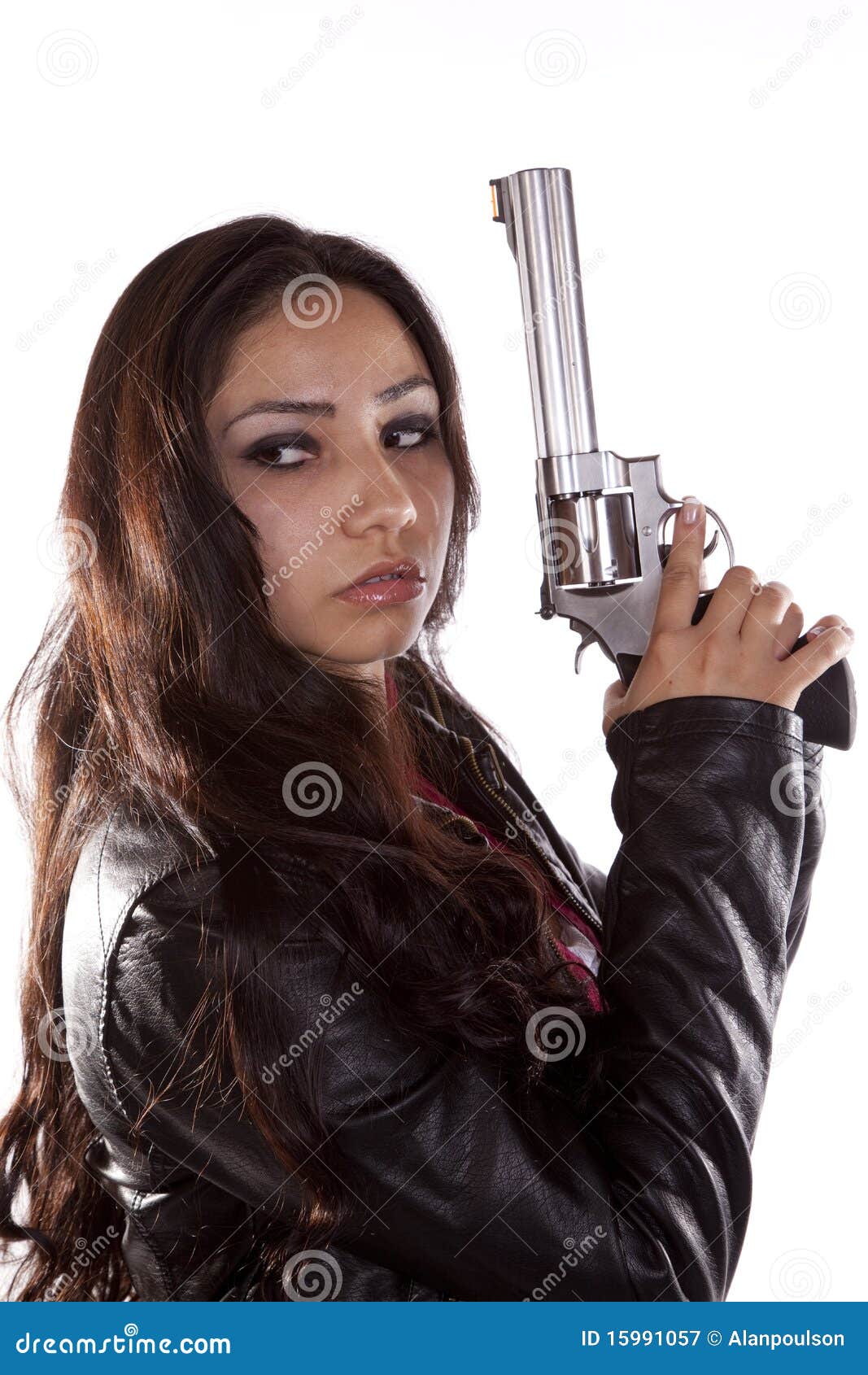 Woman Holding Gun Looking Back Stock Image - Image of people, pose ...