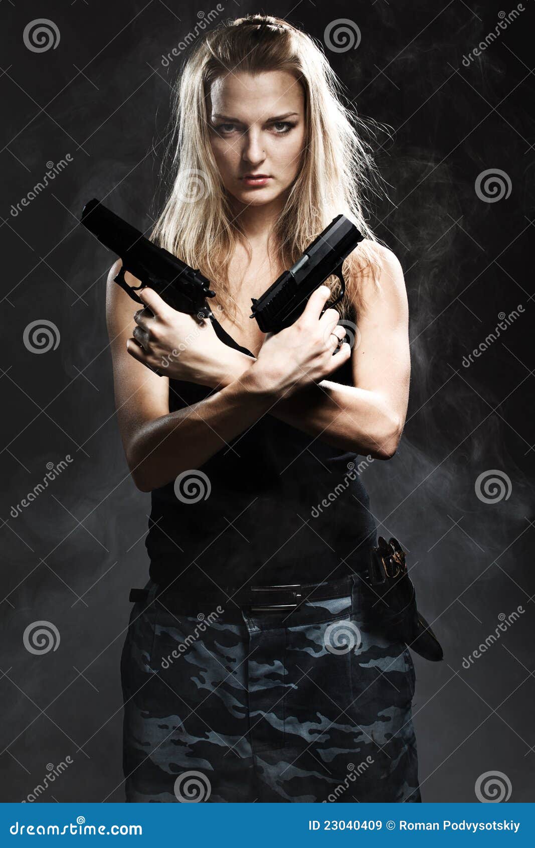 Woman Holding Gun with Smoke Stock Image - Image of coat, girl: 23040409