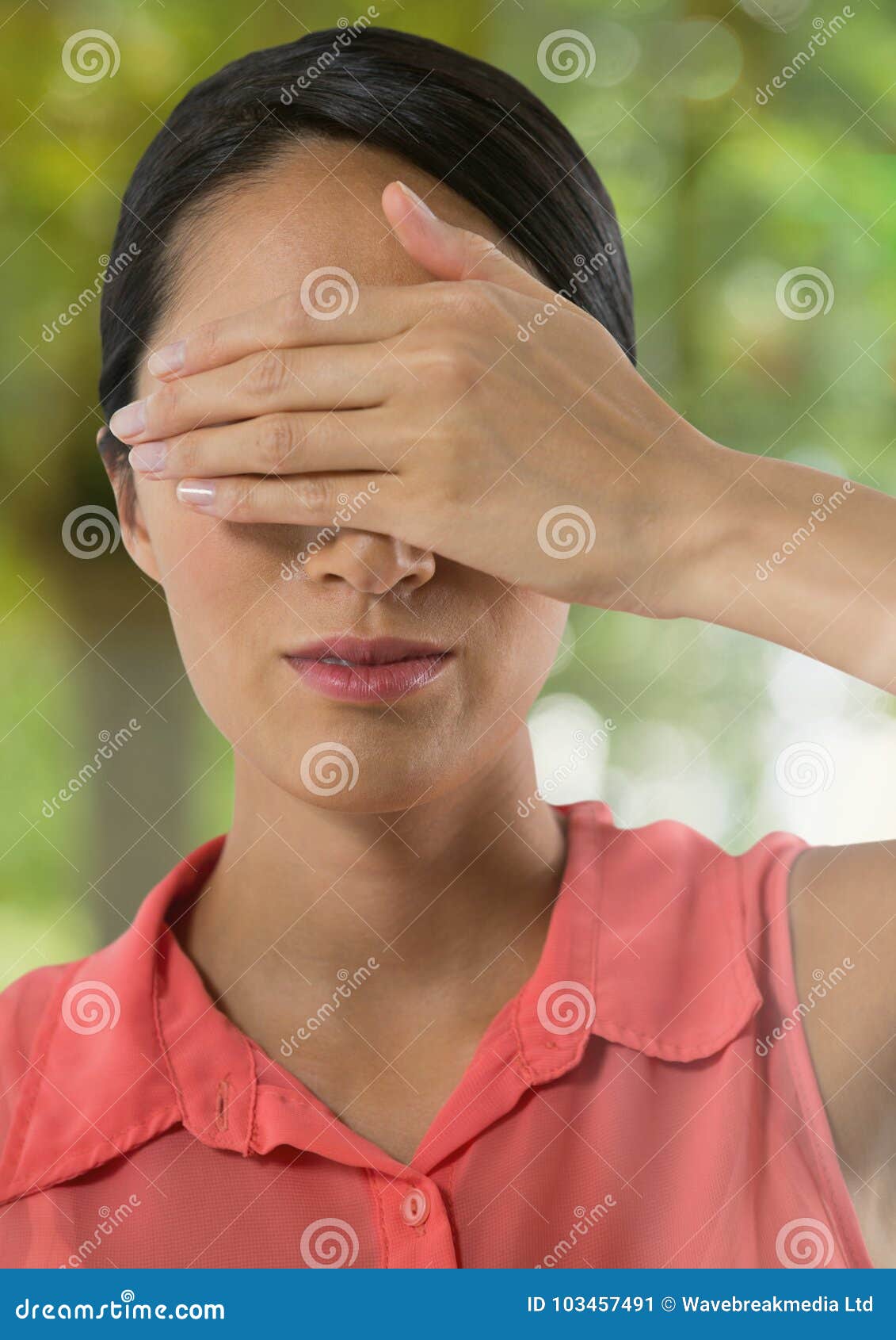 Woman Holding Hand Over Eyes in Nature Stock Image - Image of empty ...