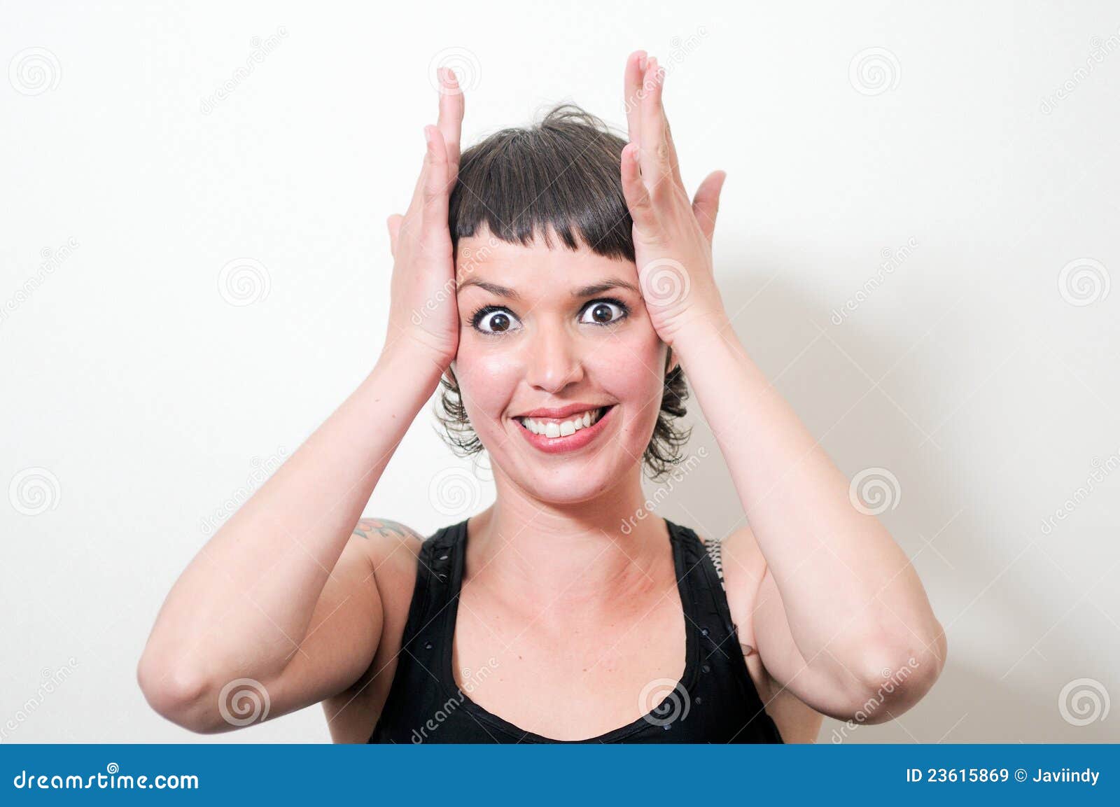 Woman Holding Hands To Face in Surprise Stock Image - Image of ...