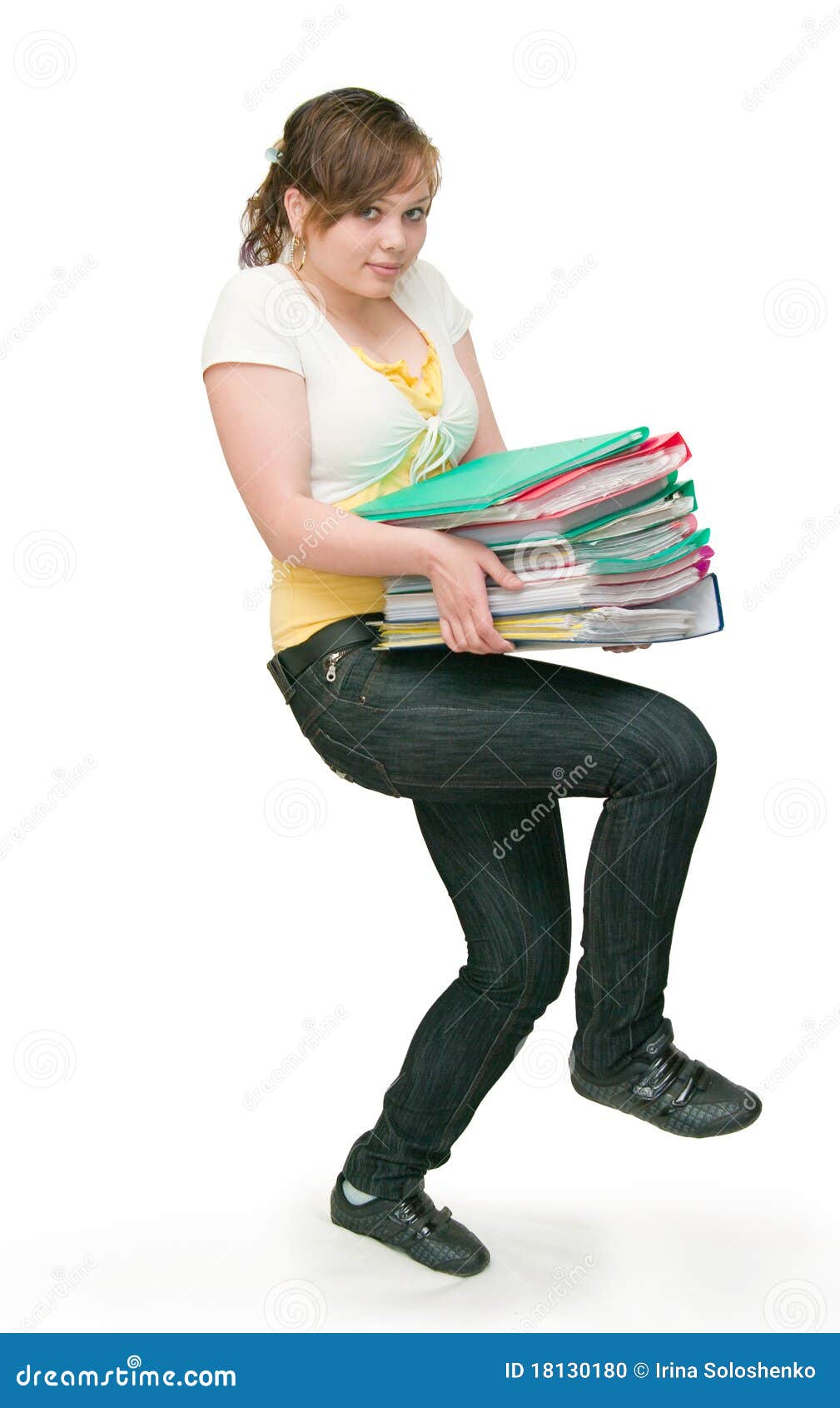 Woman Holding Heavy Files on White Stock Photo - Image of female, women ...