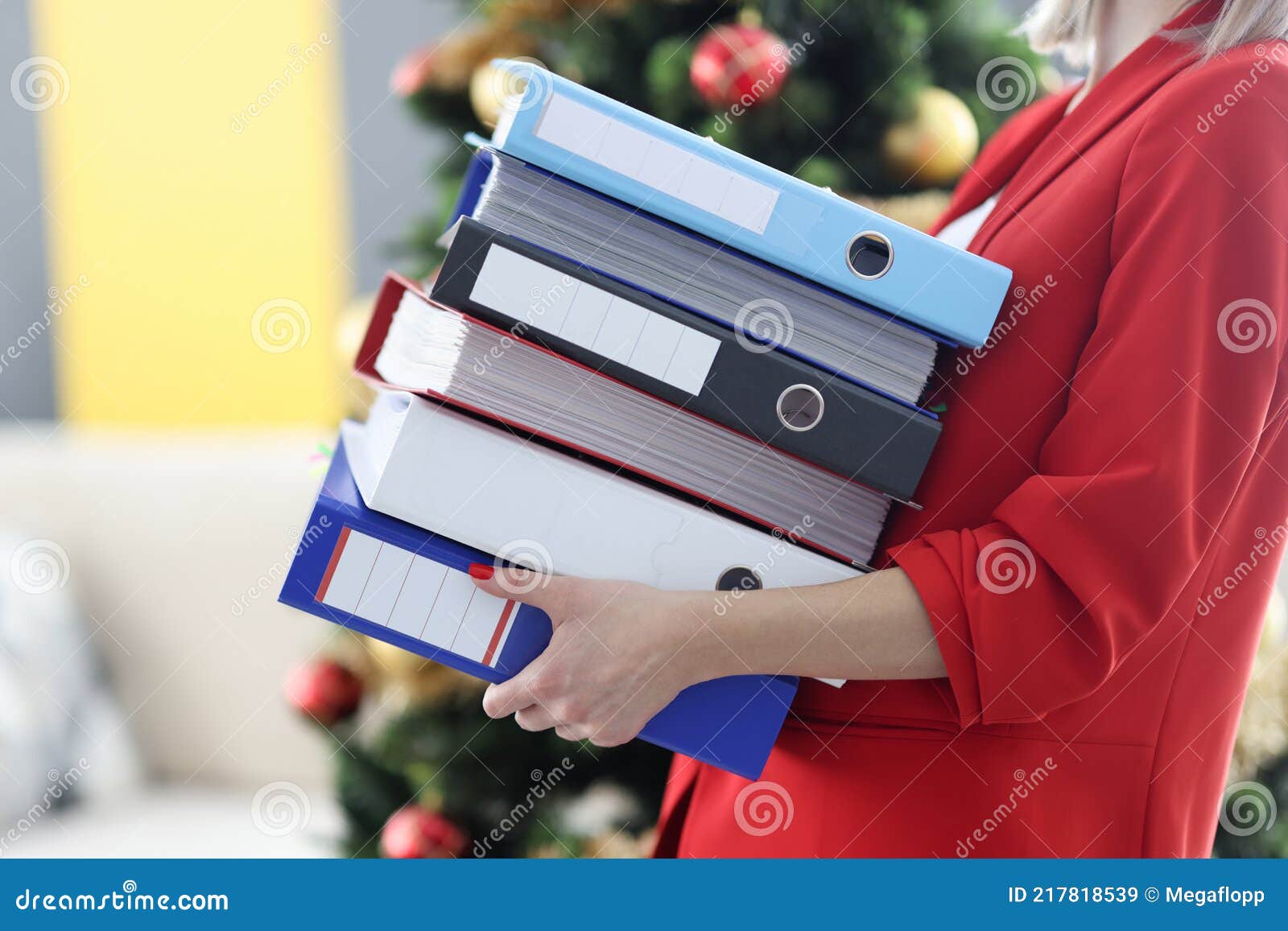 Woman is Holding Heavy Stack of Folders with Documents. Stock Image ...