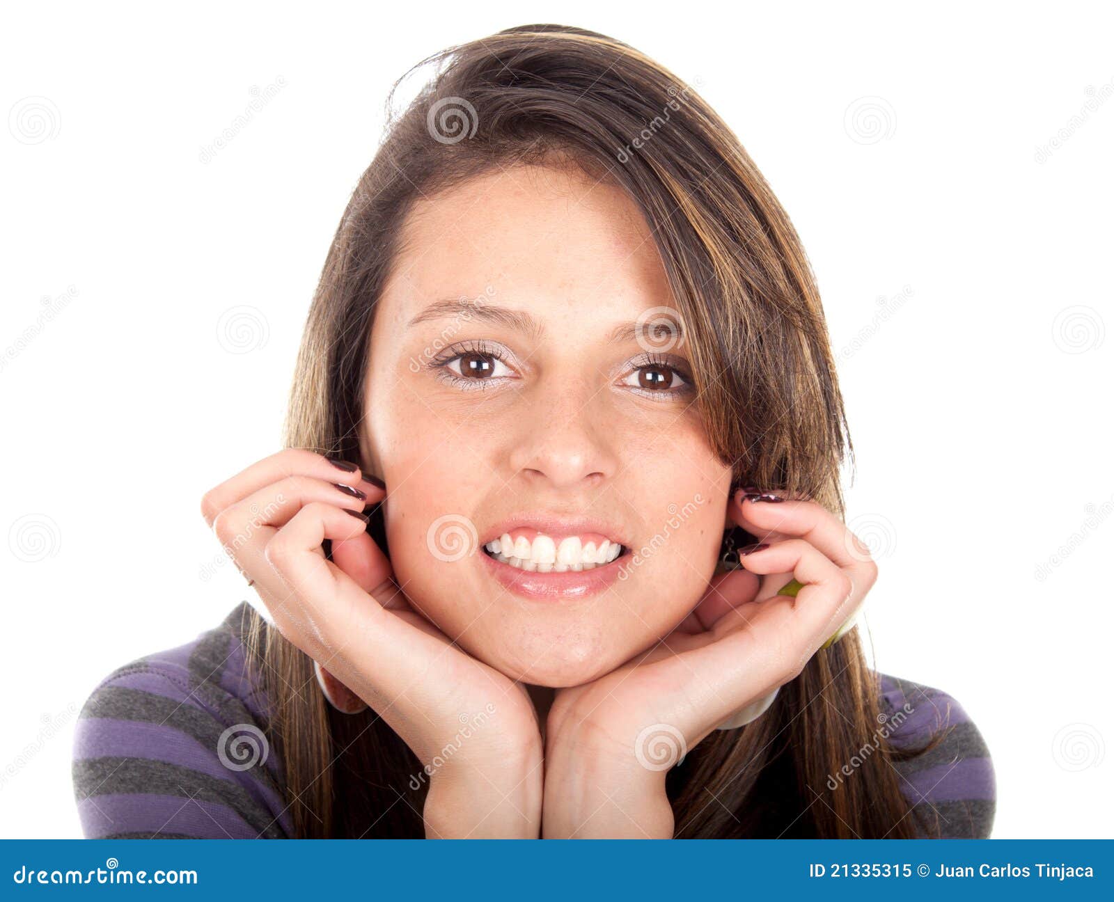 Woman Holding Her Face and Smiling Stock Image - Image of expressions ...