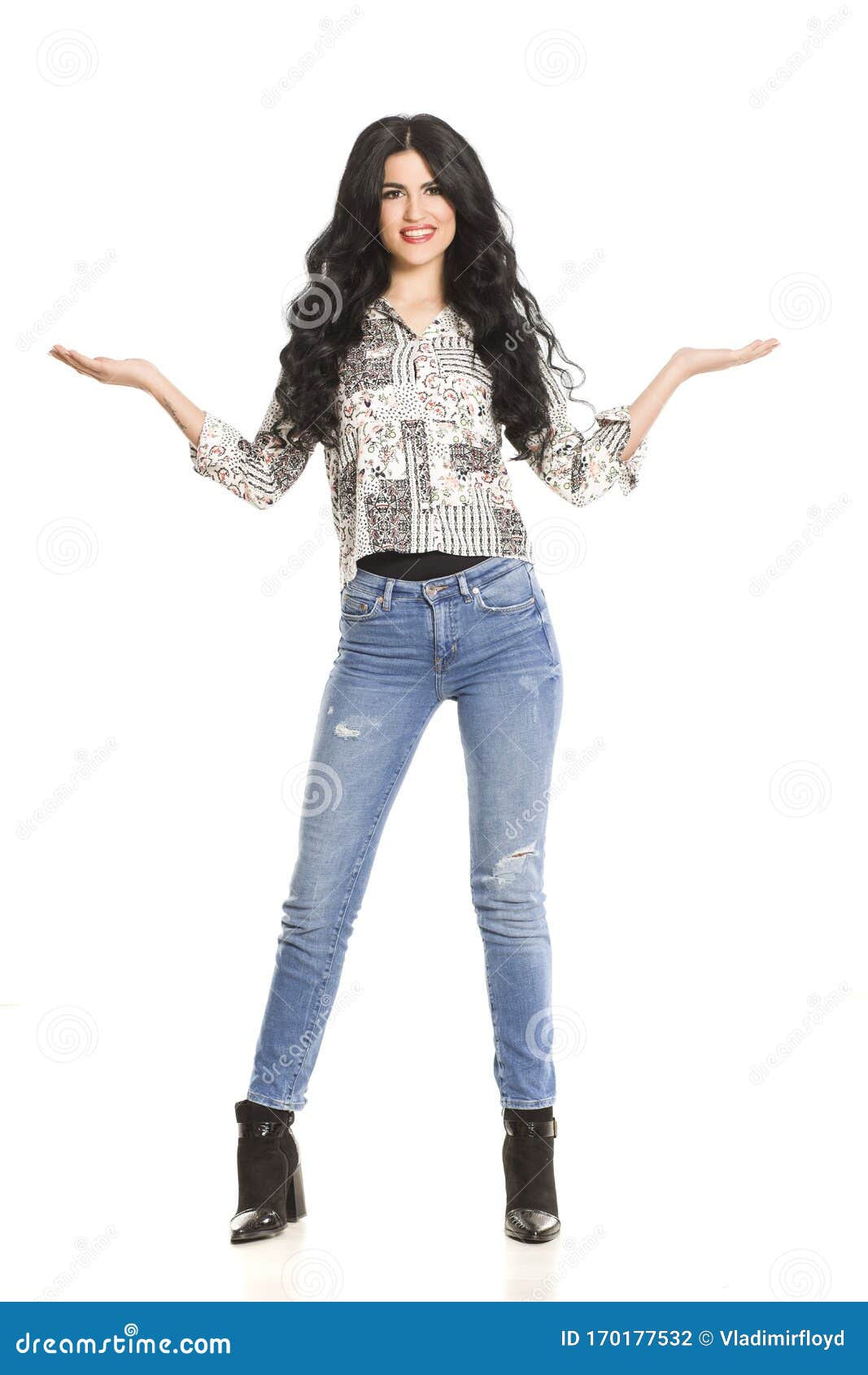 A Woman Holding Imaginary Object In Her Arms On White Stock Photo ...