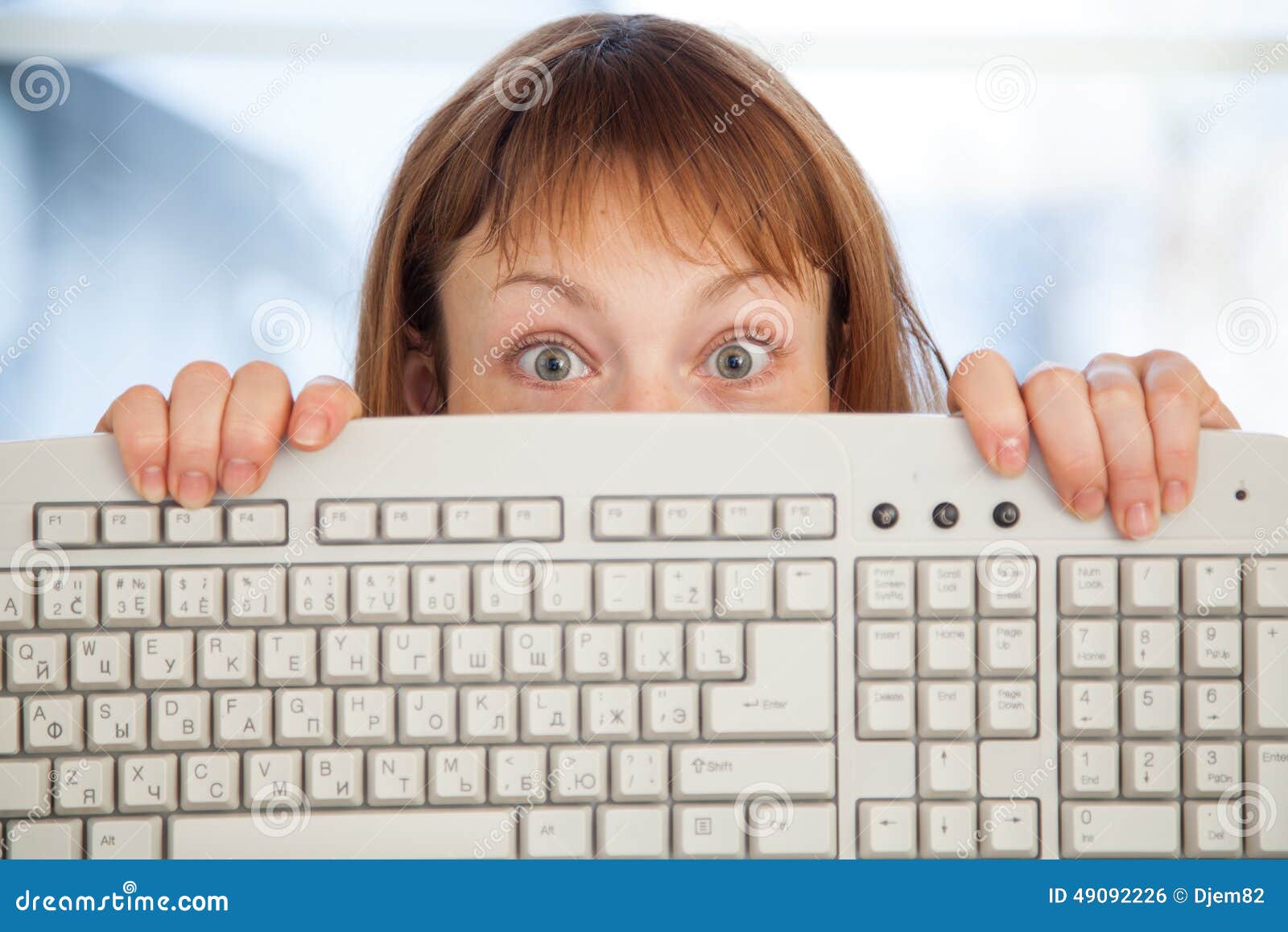 Woman holding keyboard stock photo. Image of positive - 49092226